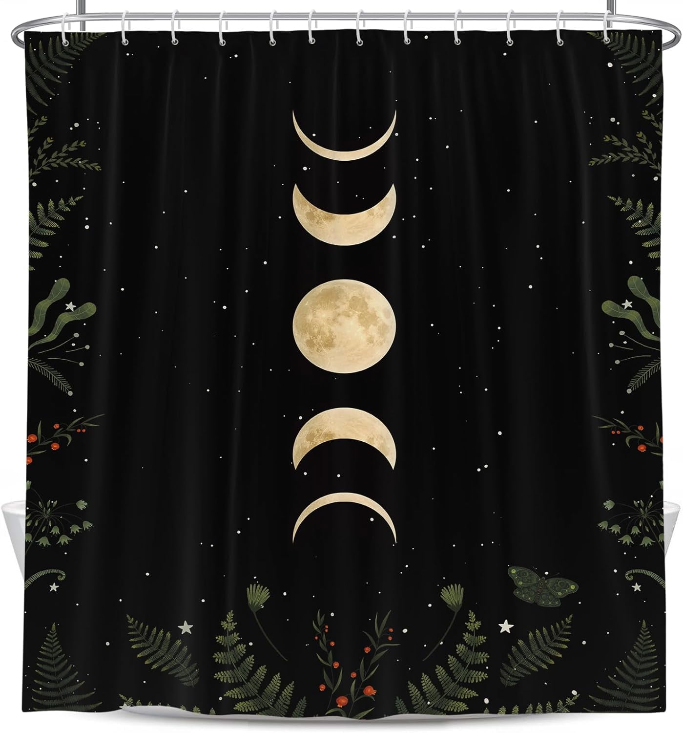 Xsinufn Moon Phase Shower Curtain Moonlit Celestial with Red Floral Leaves Plants Goth Gothic ...