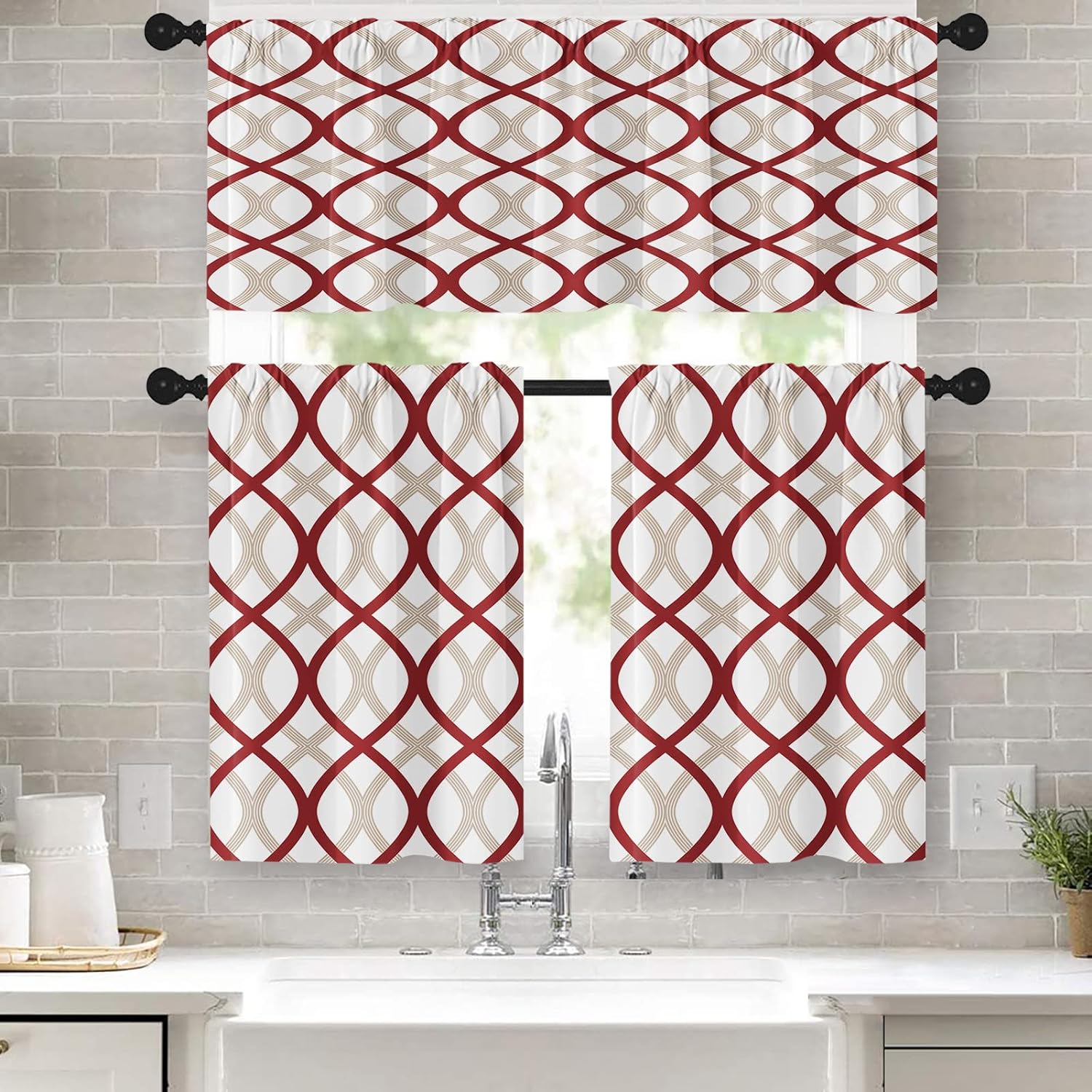 Xsinufn Red Beige Kitchen Curtains Abstract Wave Lines Art Window ...