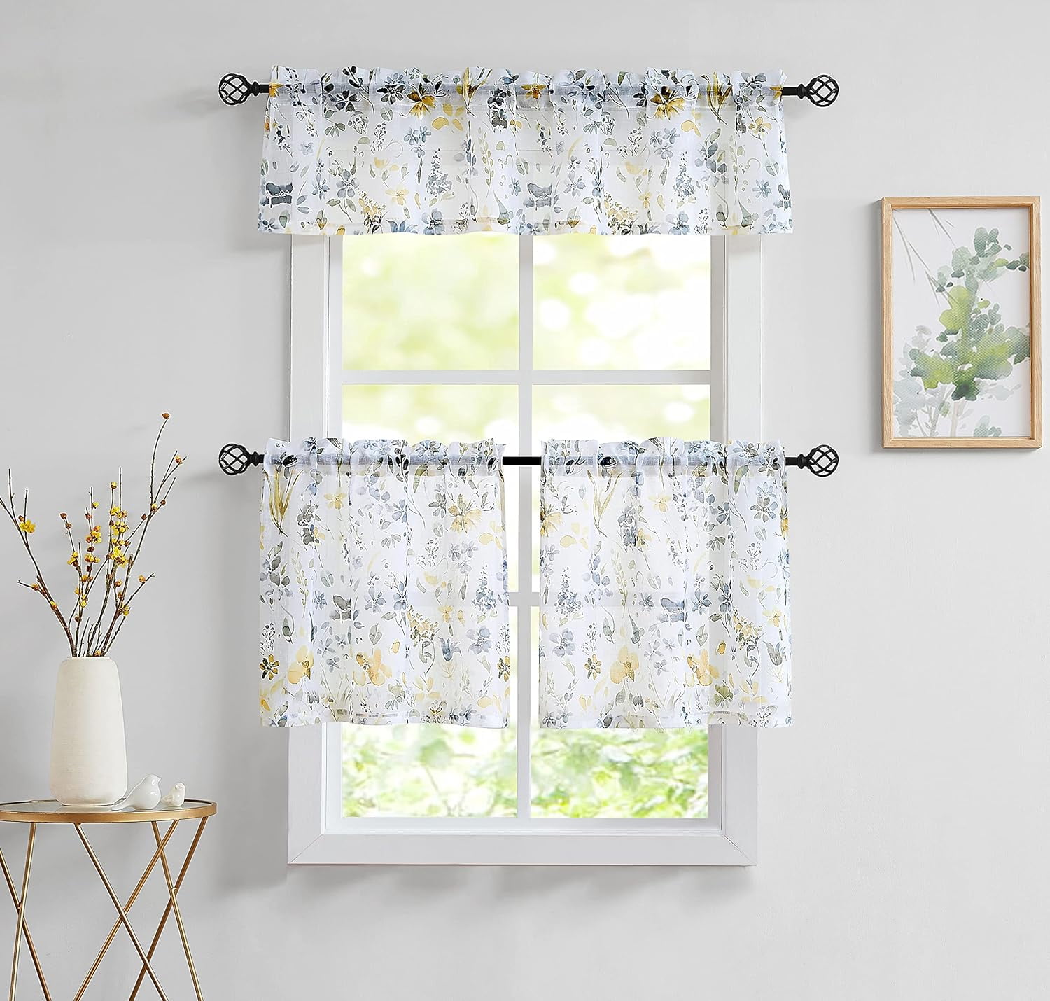 Xsinufn Watercolor Floral Sheer Kitchen Curtains and Valances Set for ...