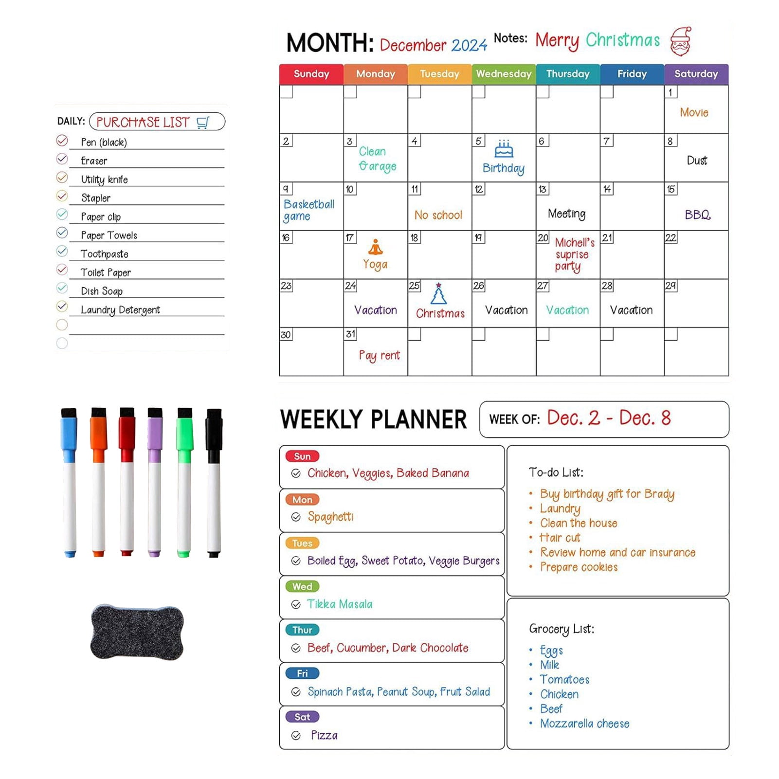 Xssm Magnetic Whiteboard Stickers – 3Pcs/Set, with Pens, Blackboard Eraser, Grocery Lists, Chore ...