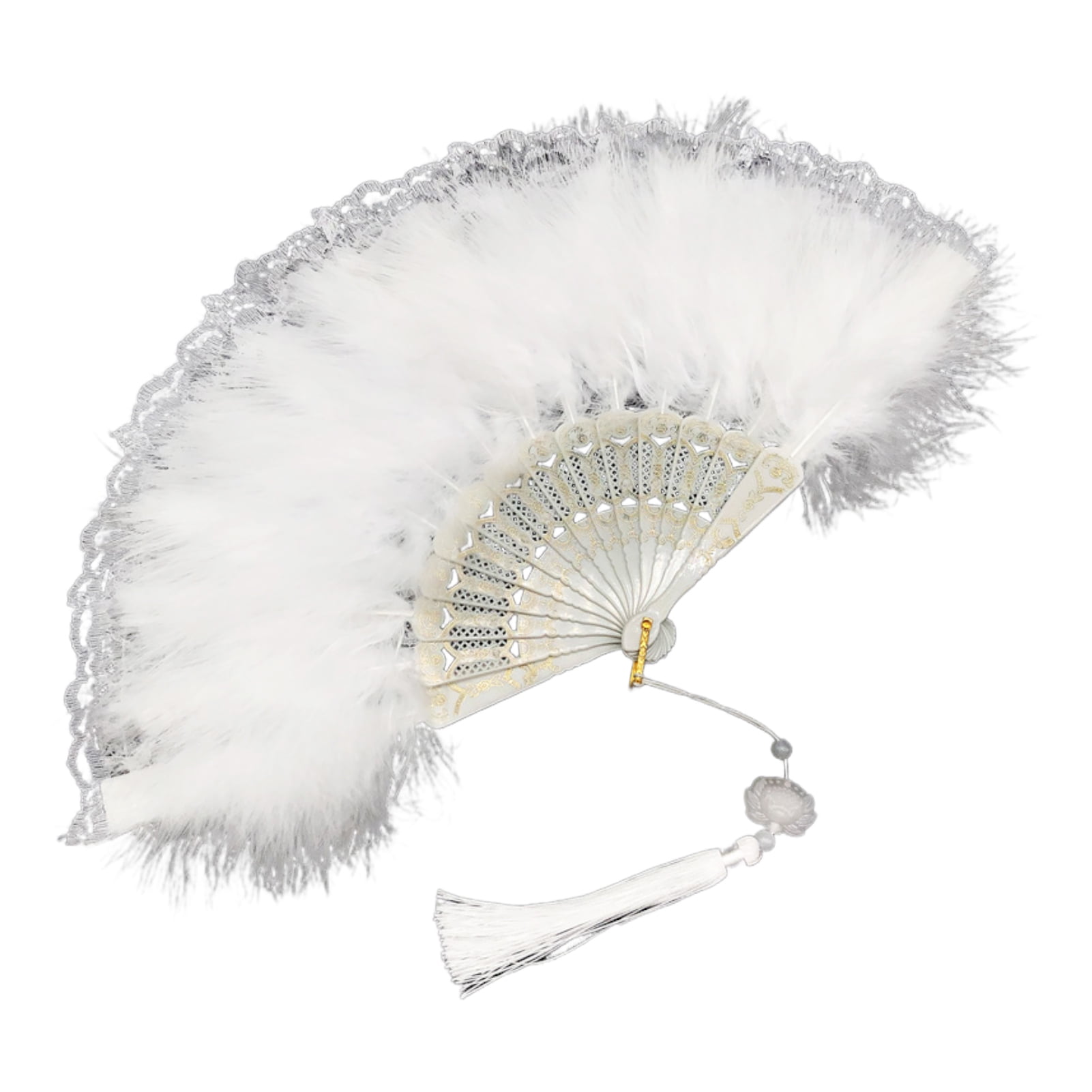 Xssm Vintage Feather Lace Folding Fan with Tassels, Portable Summer ...