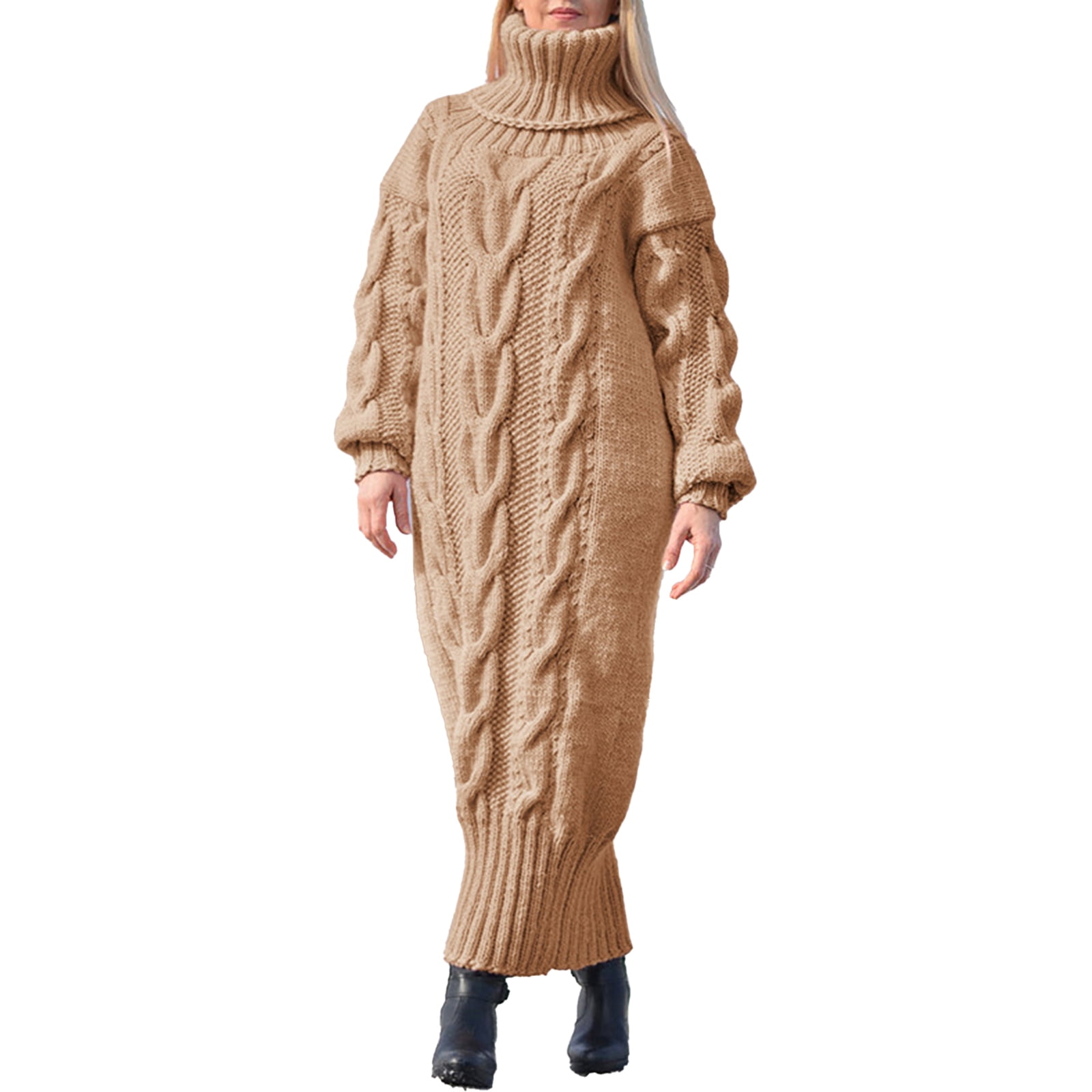 Xsylife Cable Knitted Sweater Dress for Women Turtleneck Long Sleeve ...