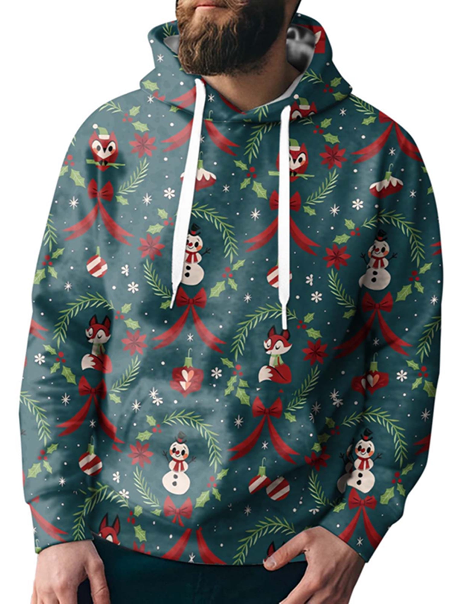 Xsylife Men Christmas Hoodie Long Sleeve Snowman Santa Printed Claus ...