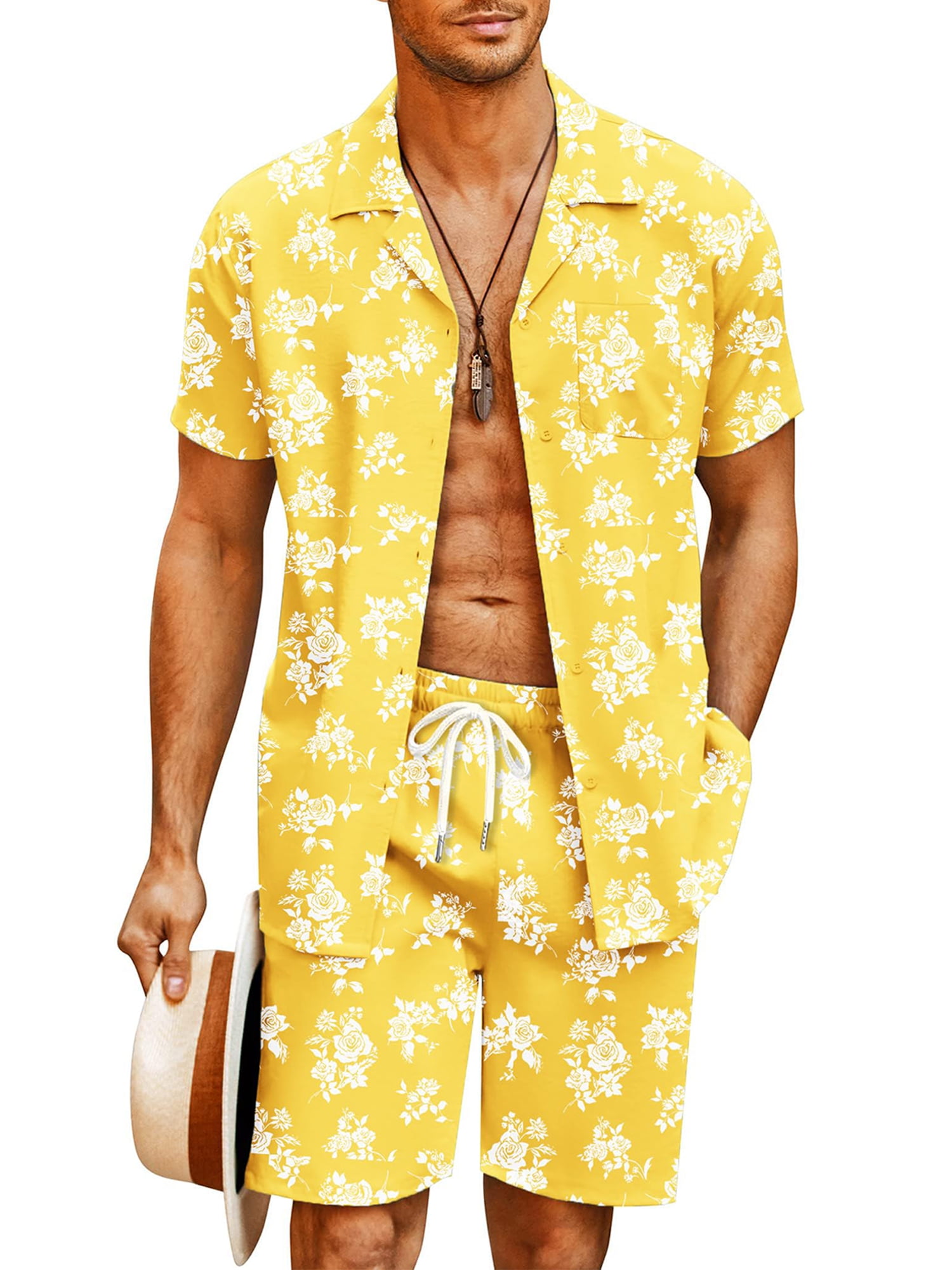 Xsylife Men's Two Piece Beachwear Sets Short Sleeve Button Up Floral ...