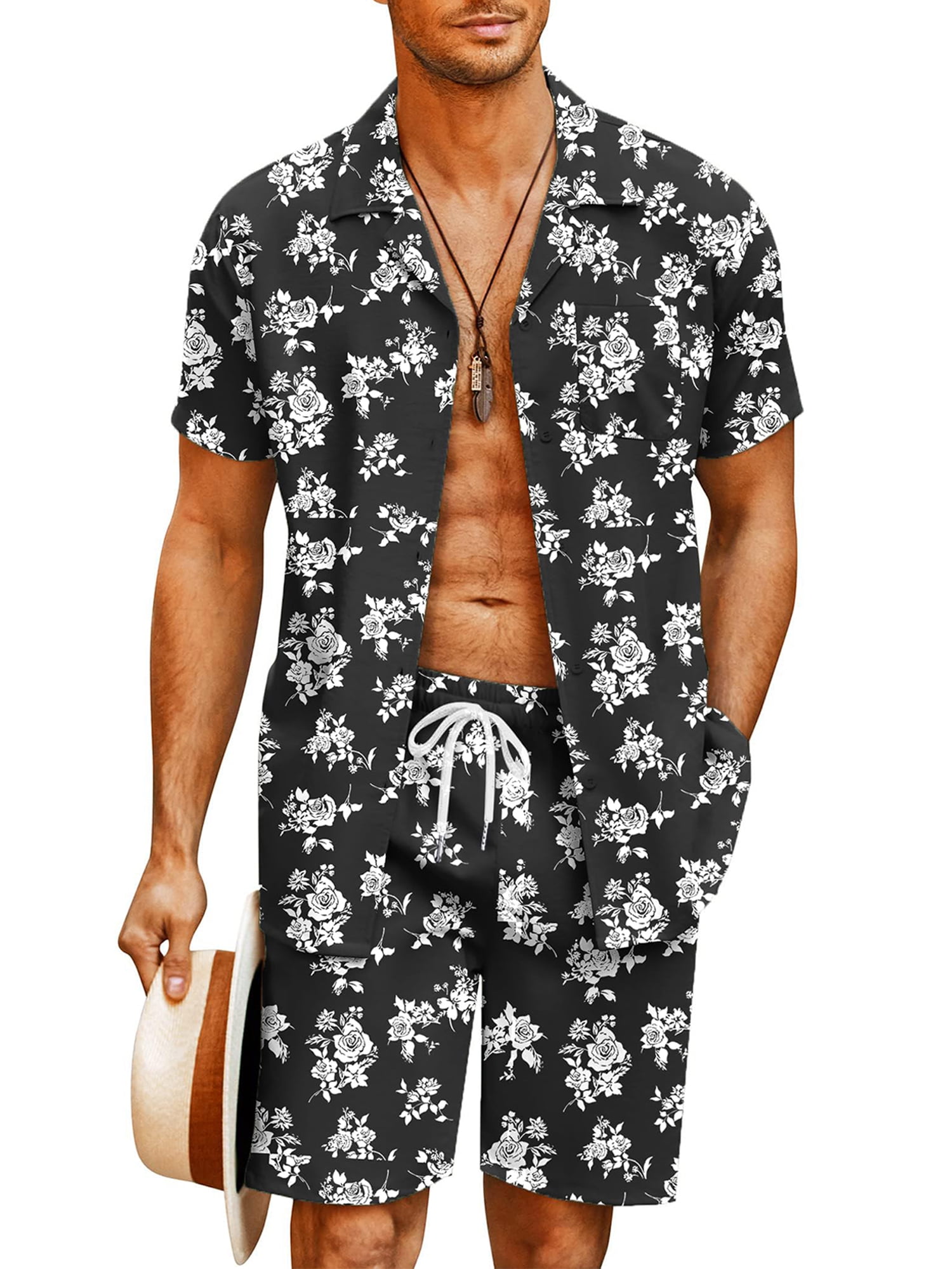 Xsylife Men's Two Piece Beachwear Sets Short Sleeve Button Up Floral ...