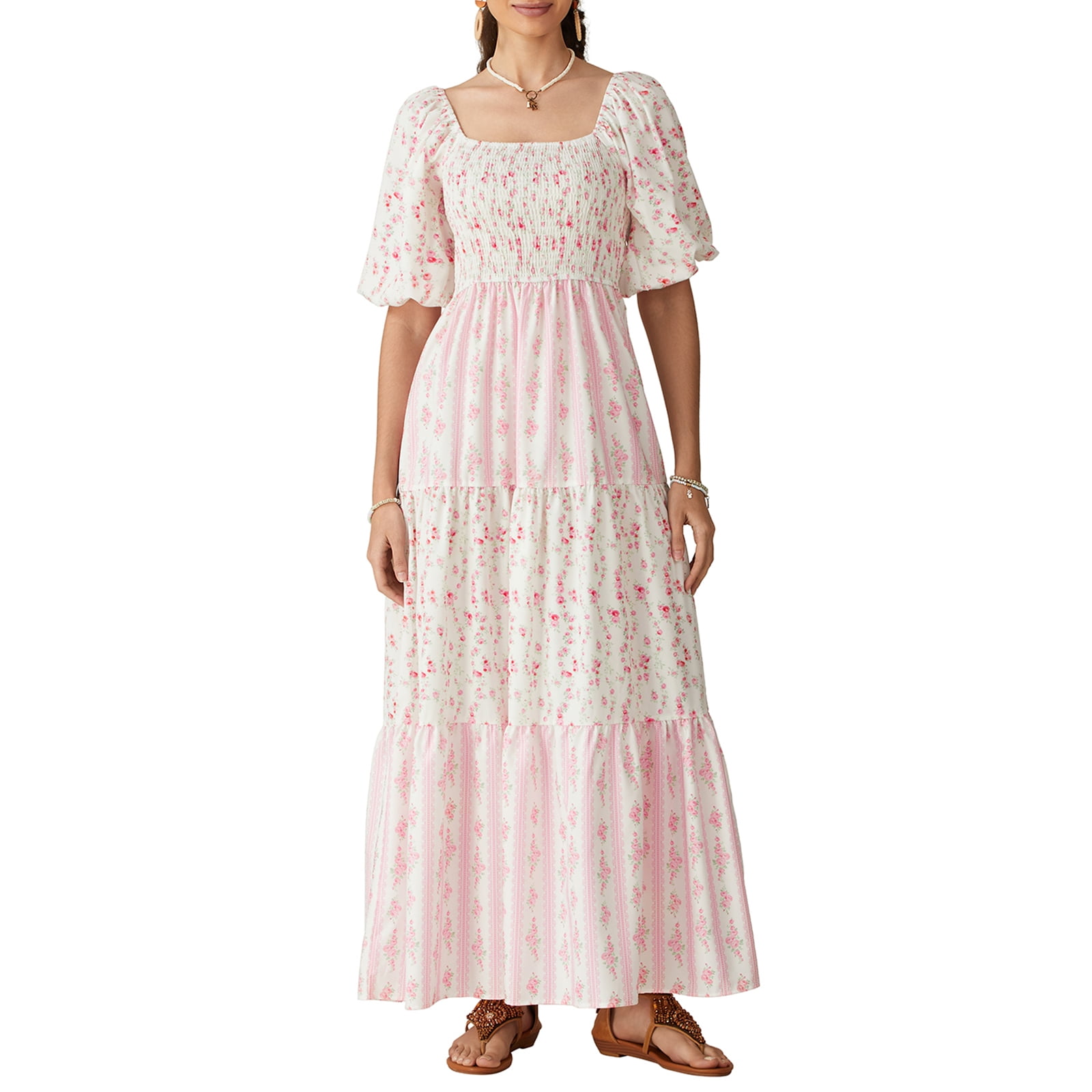 Xsylife Woman Floral Puff Sleeve Maxi Dress Square Neck Ruffle Tiered ...