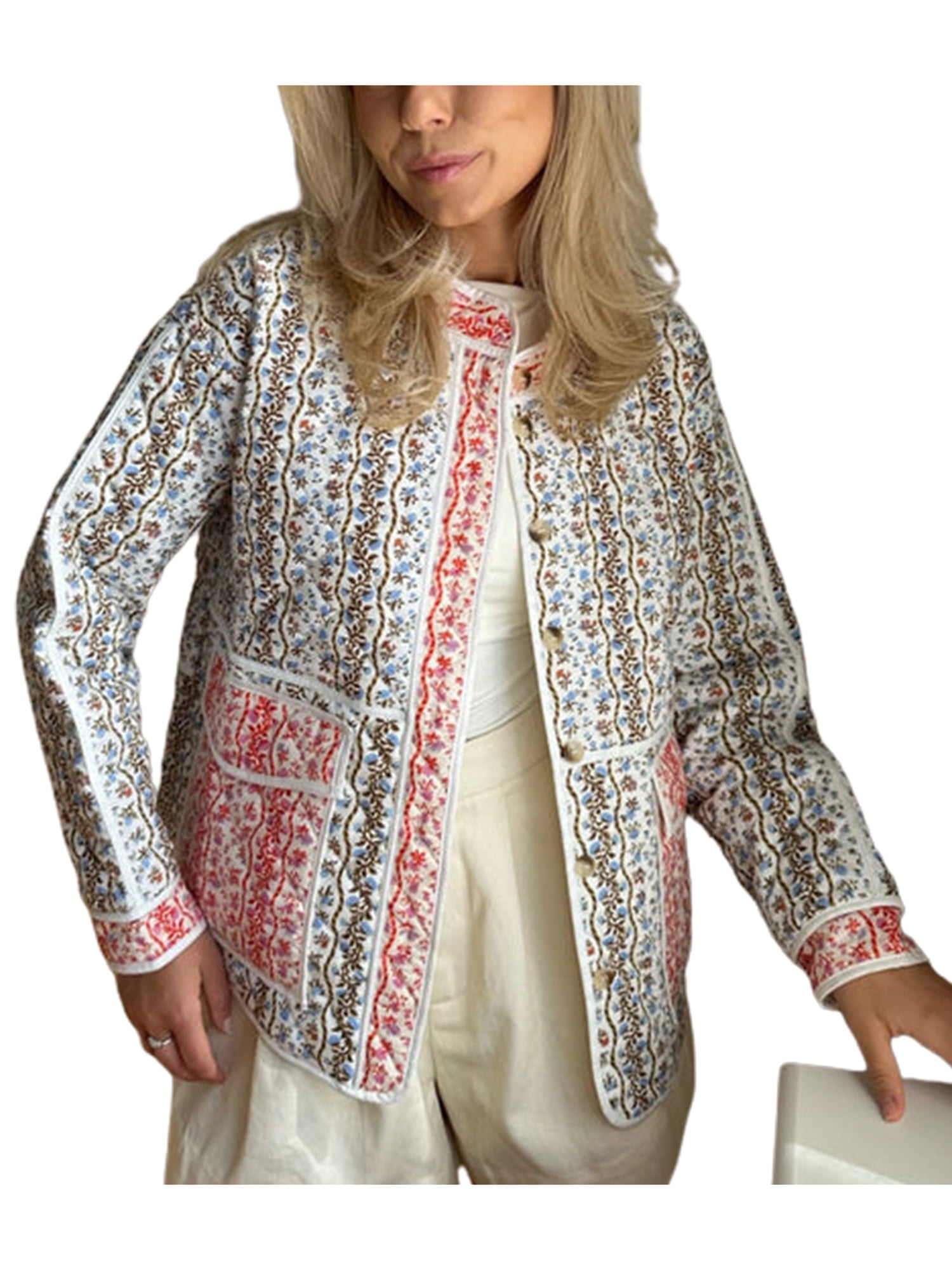 Xsylife Women Fall Quilted Jacket Lightweight Floral Print Button ...