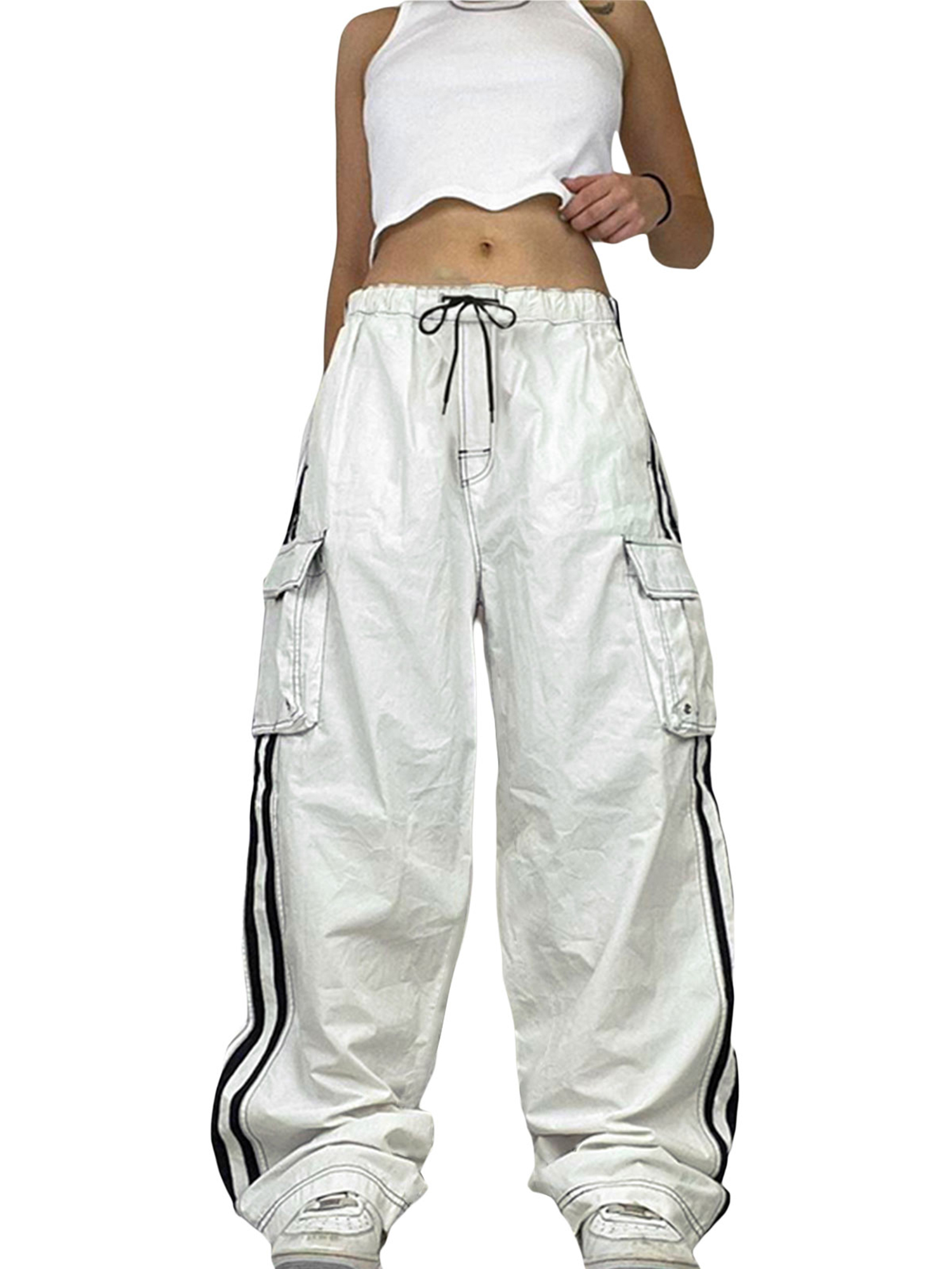 Xsylife Women Fashion Wild Cargo Pants Wide Leg High Waist Drawstring ...