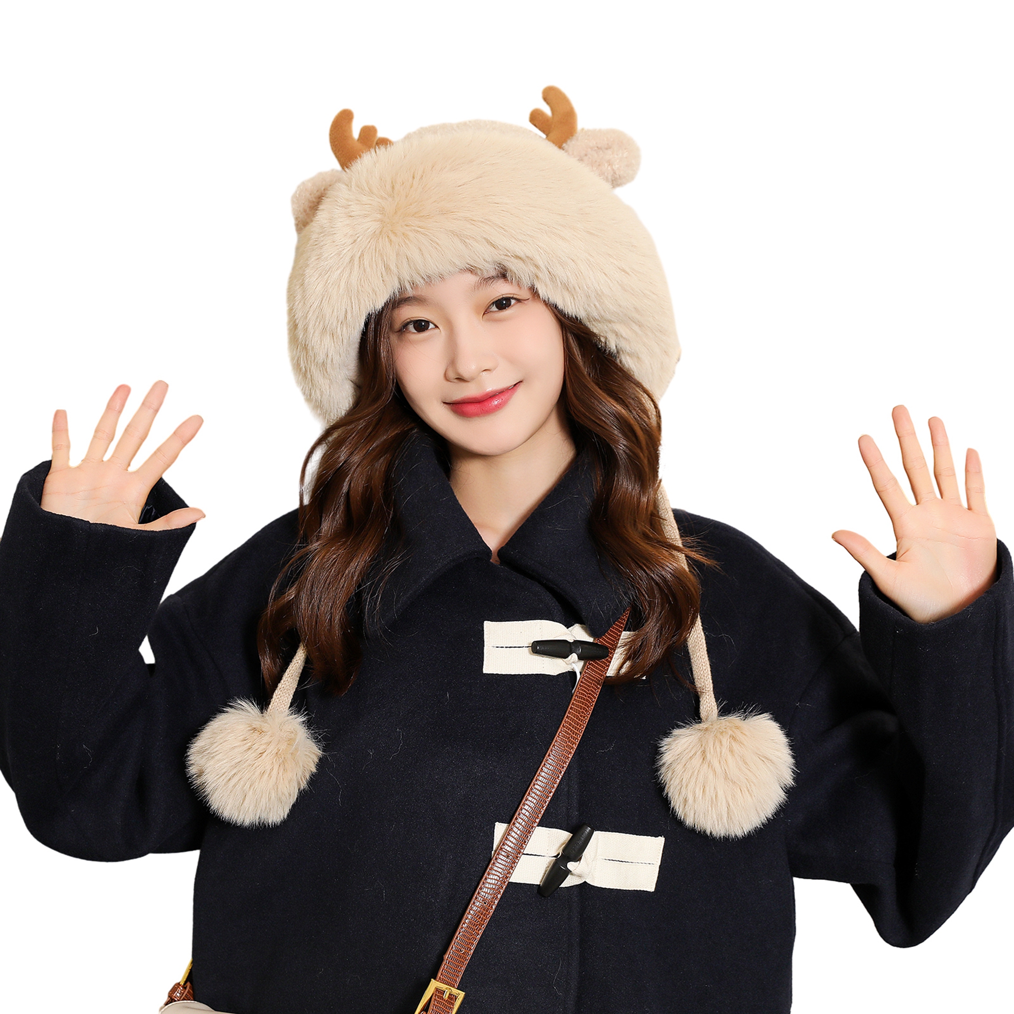 Xsylife Women Faux Fur Bucket Hat Deer Antler Ear Double Bobbles ...