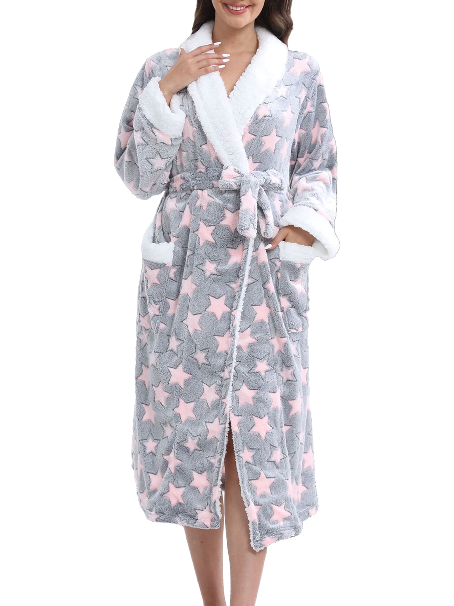 Xsylife Women Shawl Collar Flannel Robes Nightgown Plush Long Sleeve ...