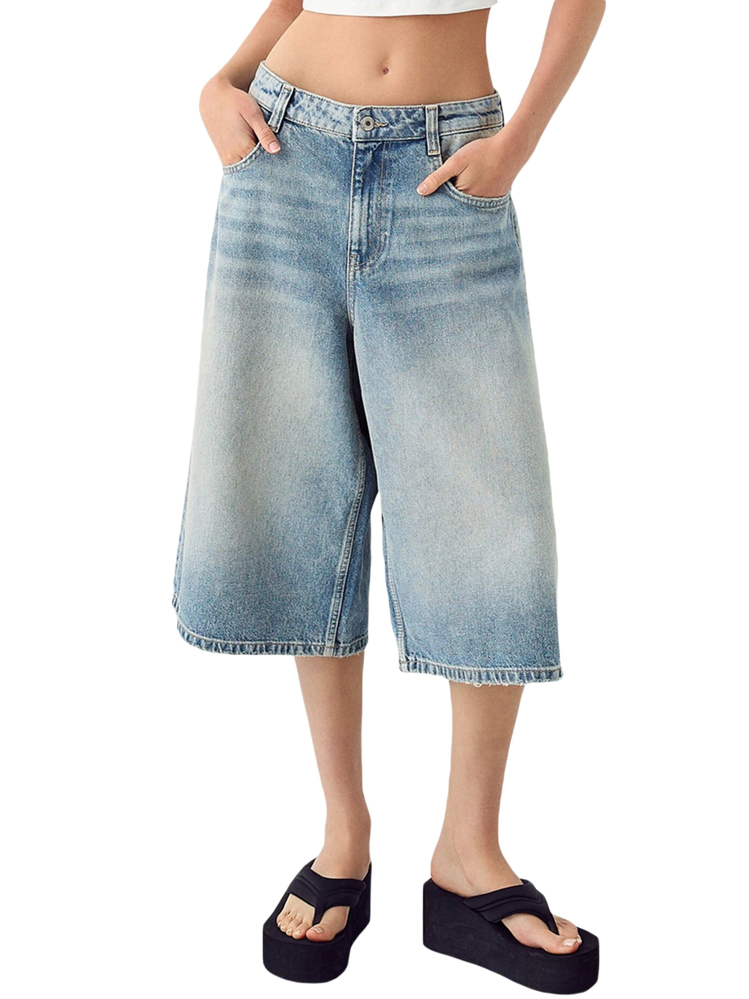 Xsylife Women's Capri Denim Pants Low Waist 3/4 Length Wide Leg Cropped ...