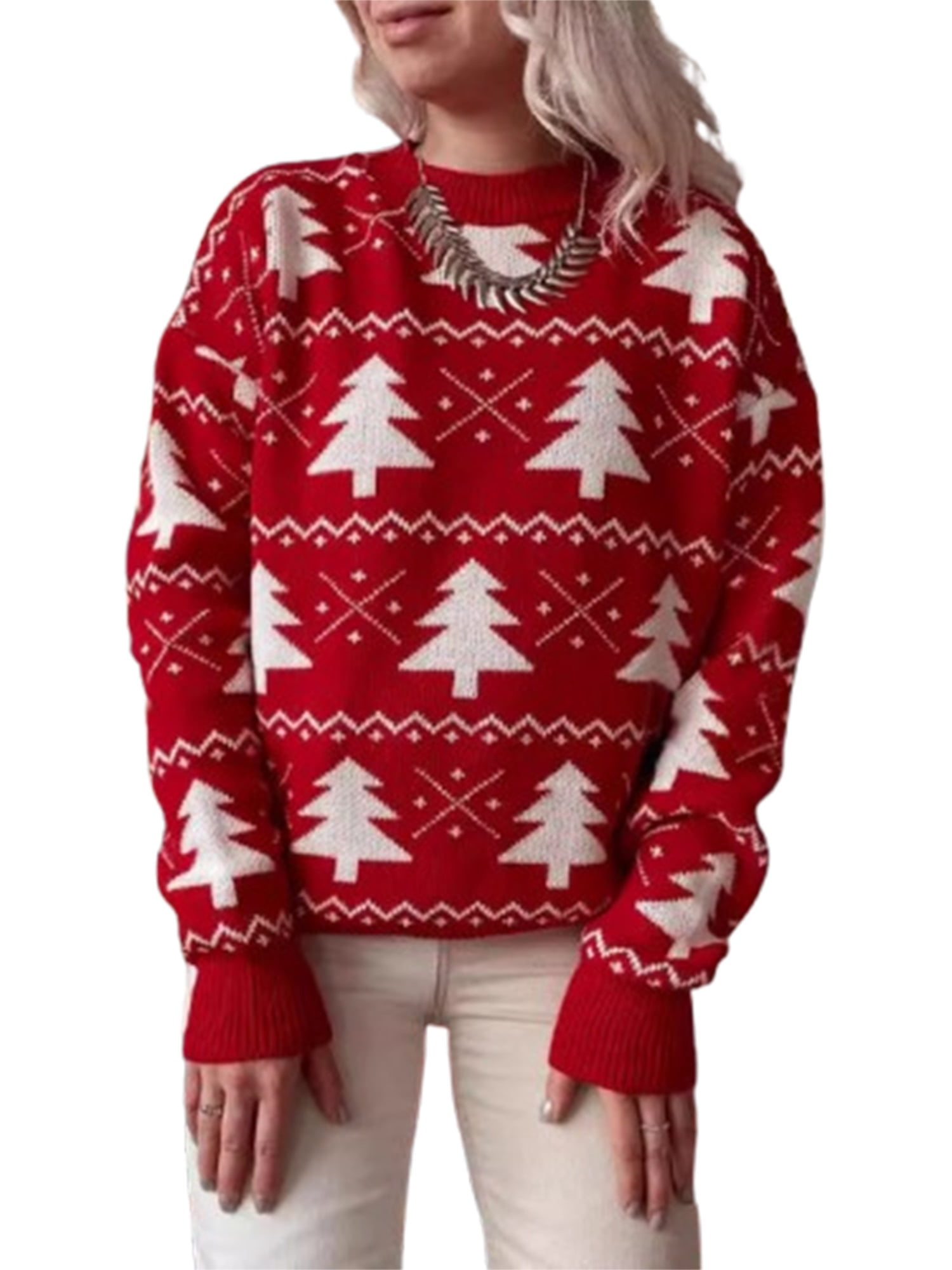 Xsylife Women's Christmas Loose Sweaters Christmas Tree Print Long ...