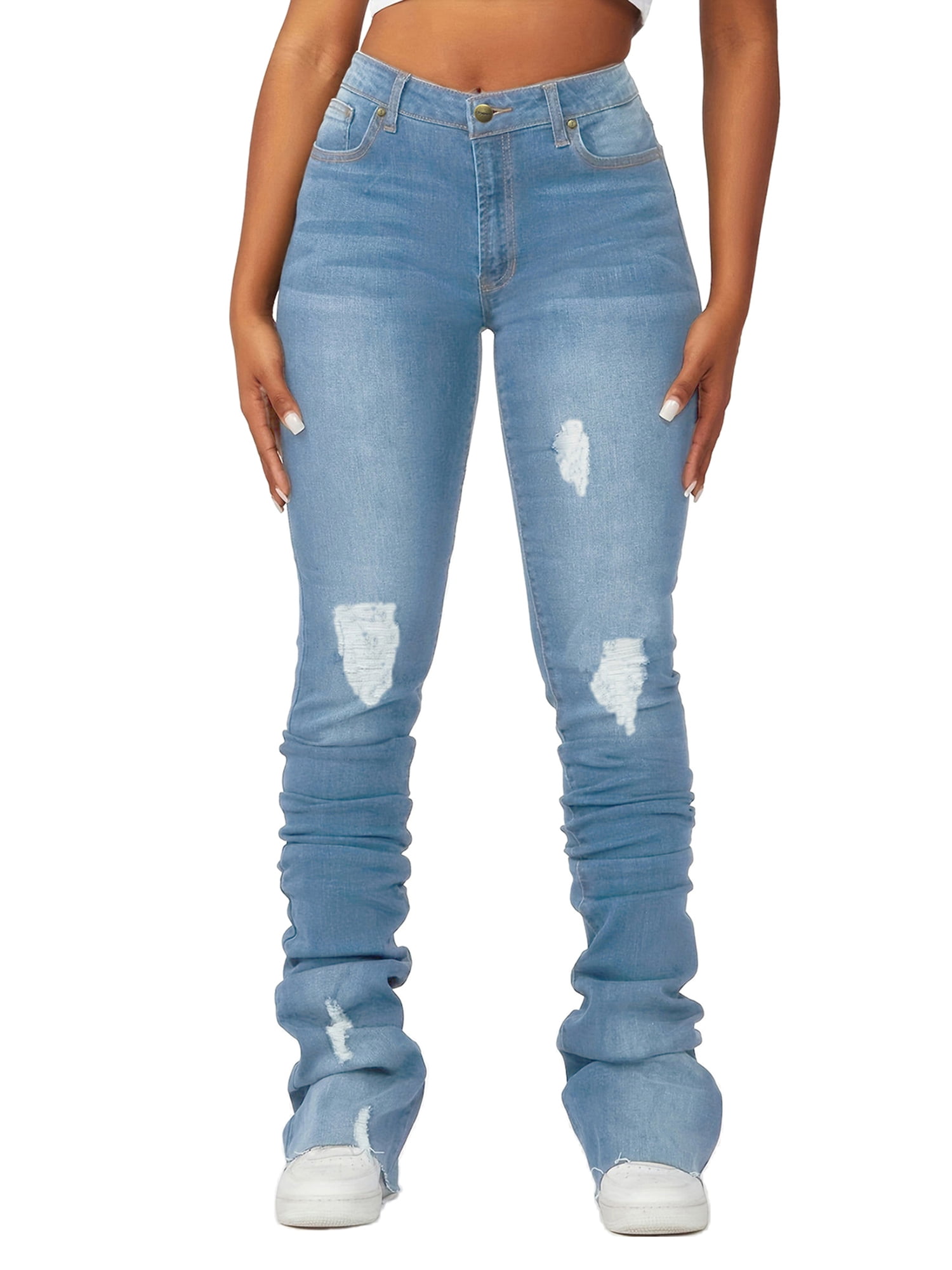Xsylife Women’s Ripped Stacked Jeans Fashion High Rise Slim Fit Denim ...