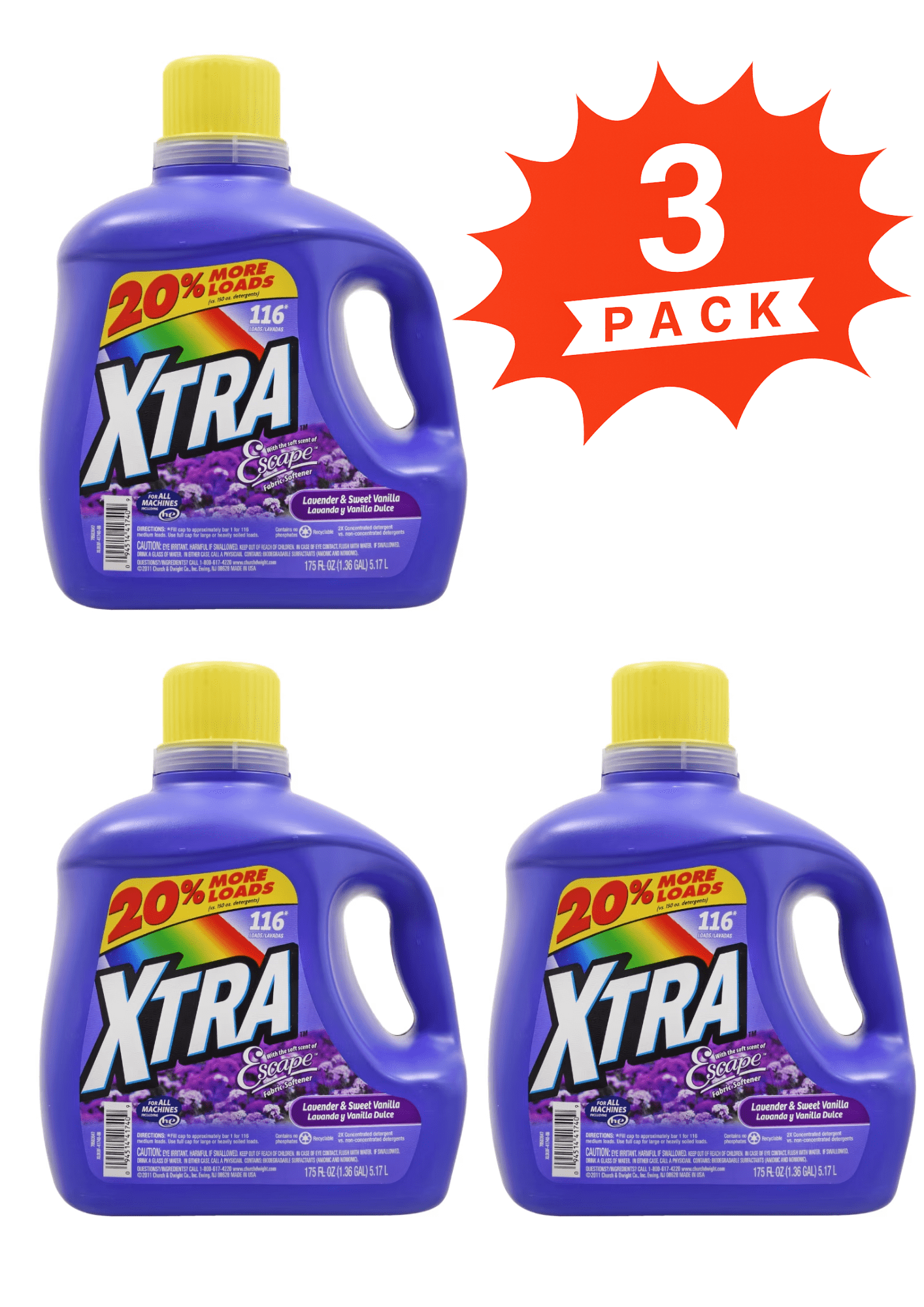 Xtra Lavender & Vanilla Liquid Laundry Detergent (Pack 3) - 348 Loads ...