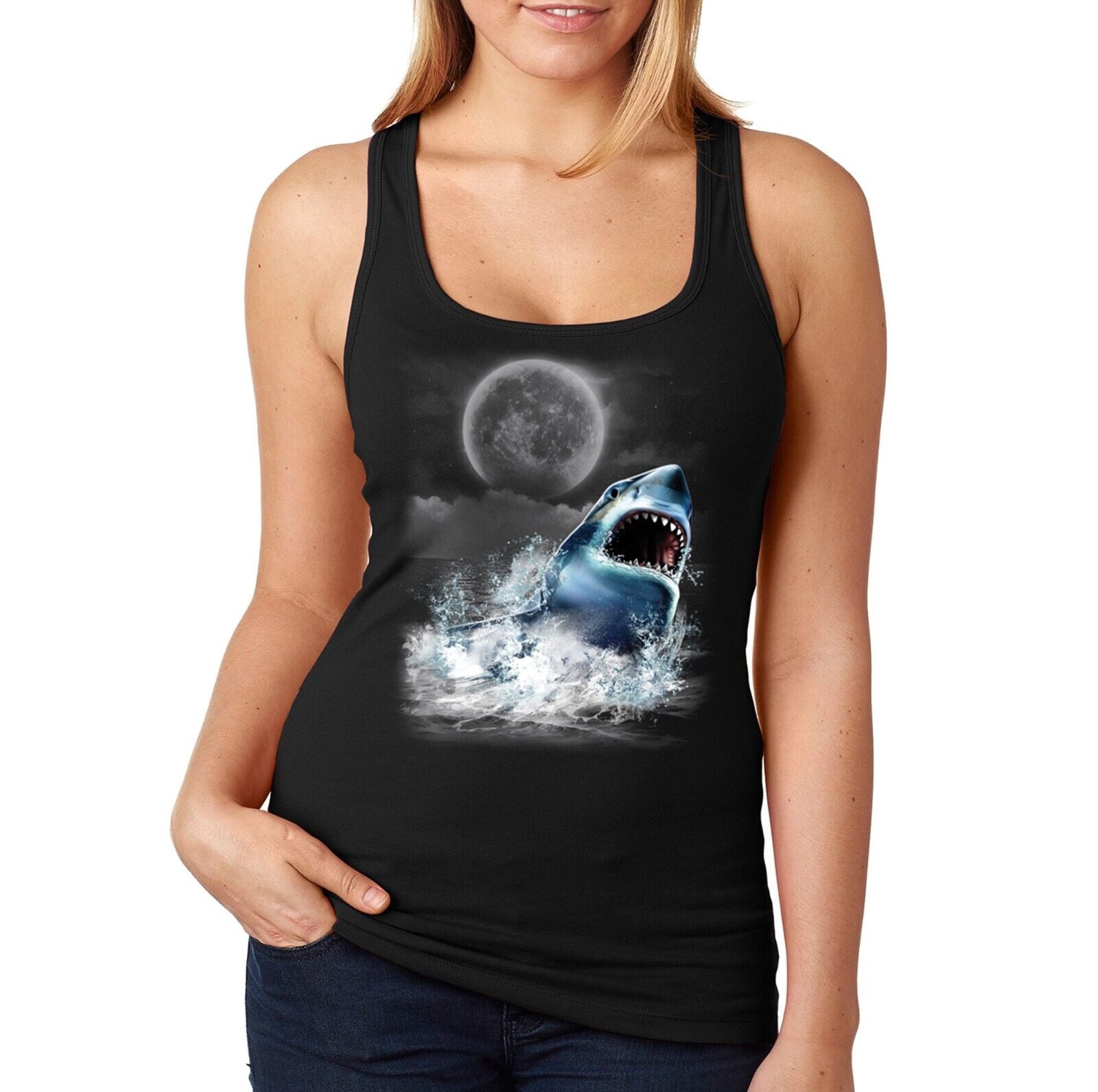 XtraFly Apparel Women's Great White Shark Moon Shirt, Beach Ocean Swim ...