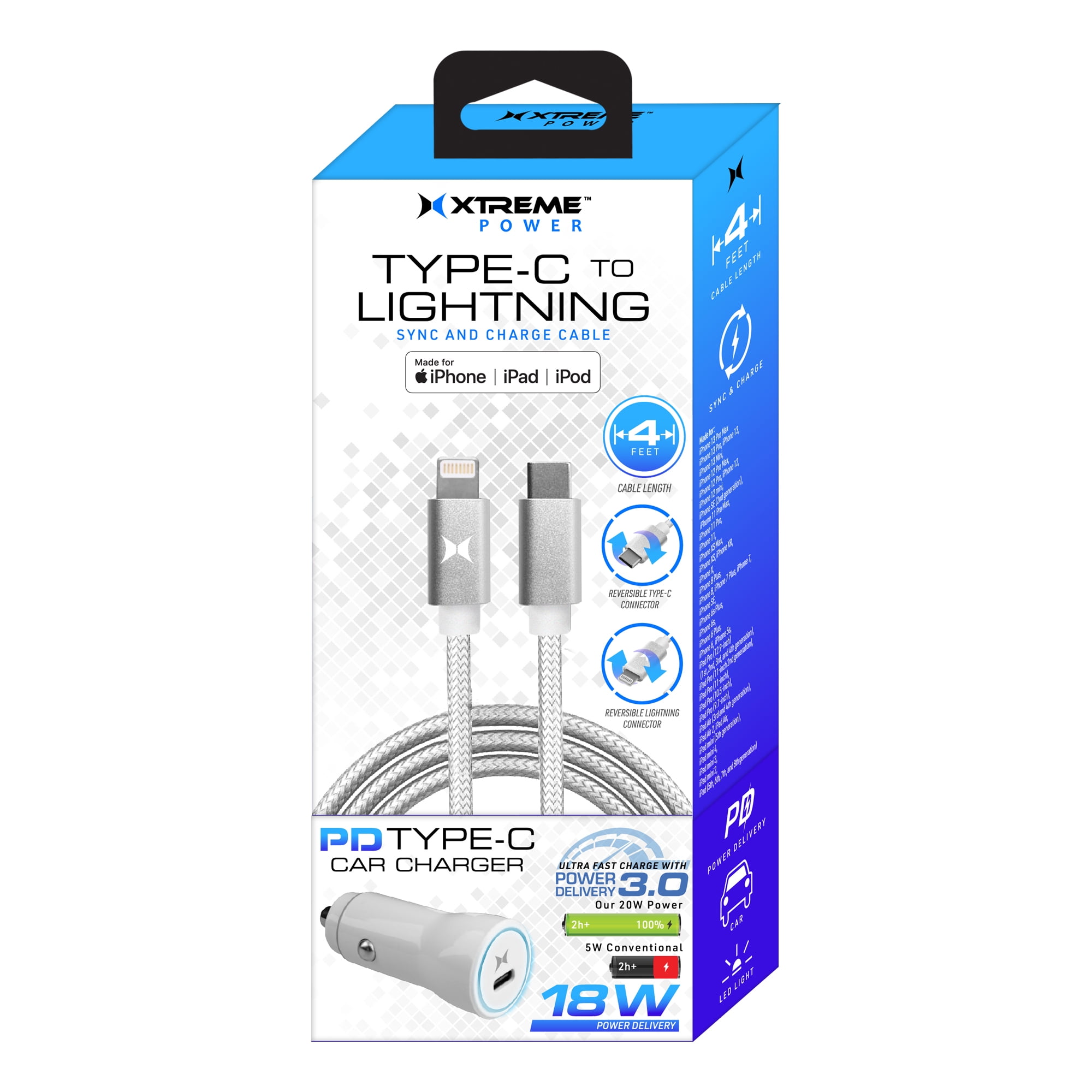 Xtreme 18W Type-C Car Charger and 4ft Type-C To Lightning Cable ...