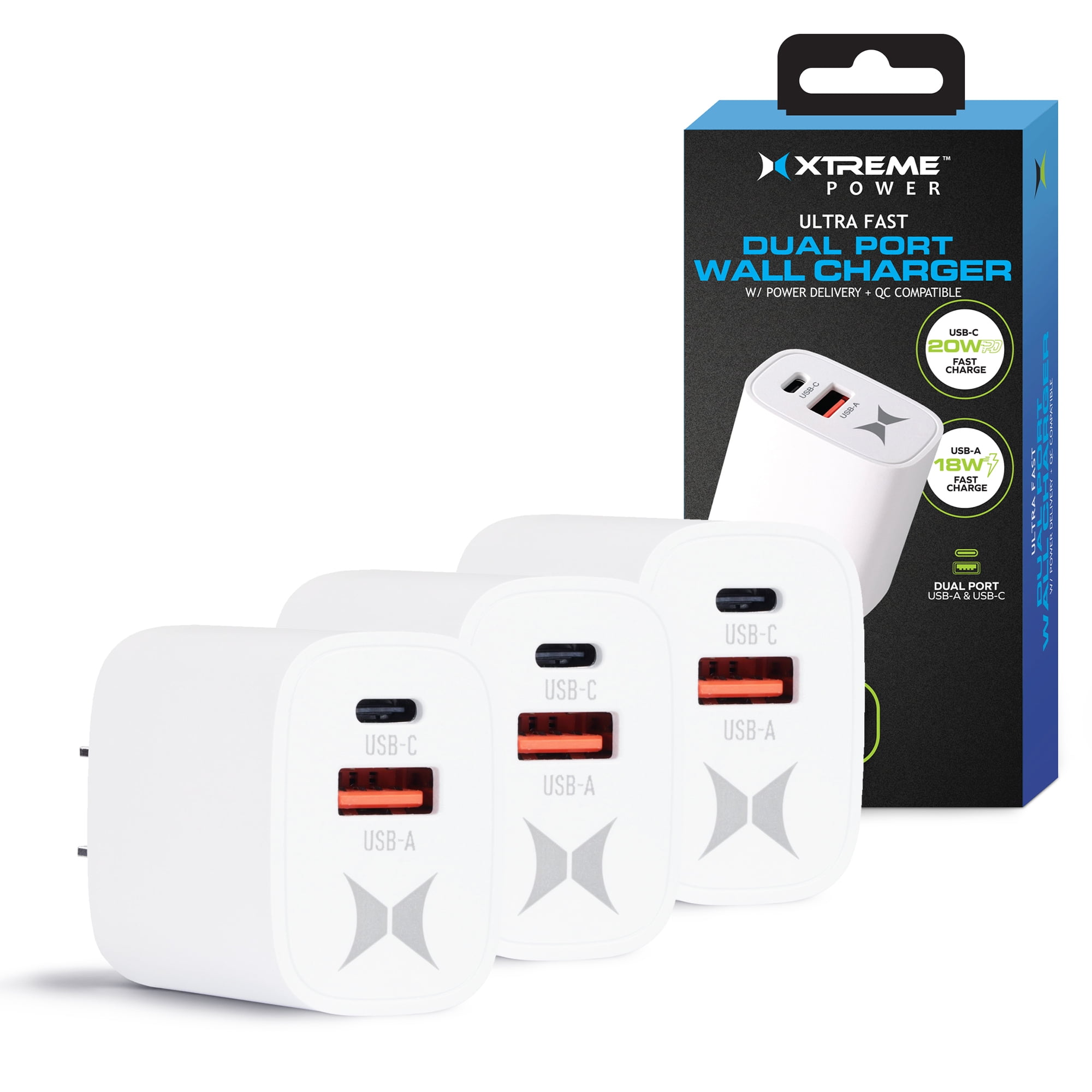 Xtreme 3-Pack Dual Port Quick Charging Wall Charger, 20W USB-C & 18W ...