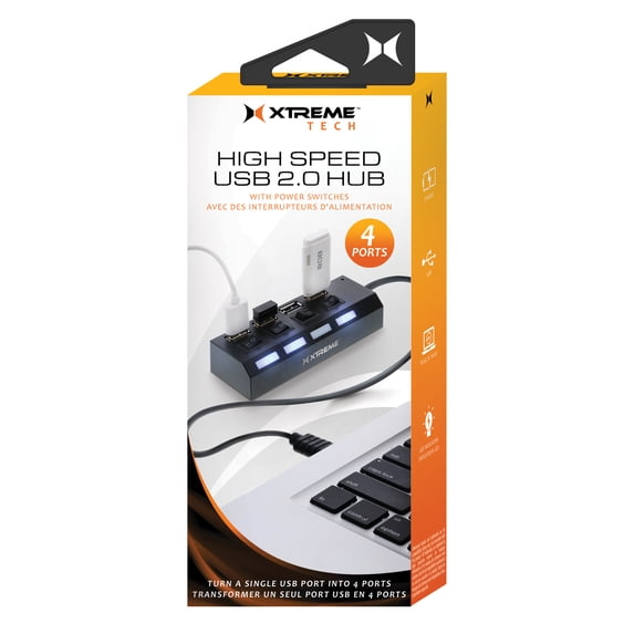 Xtreme 4-Port USB 2.0 High Speed Hub, Individual LED Switches, Easy DIY ...