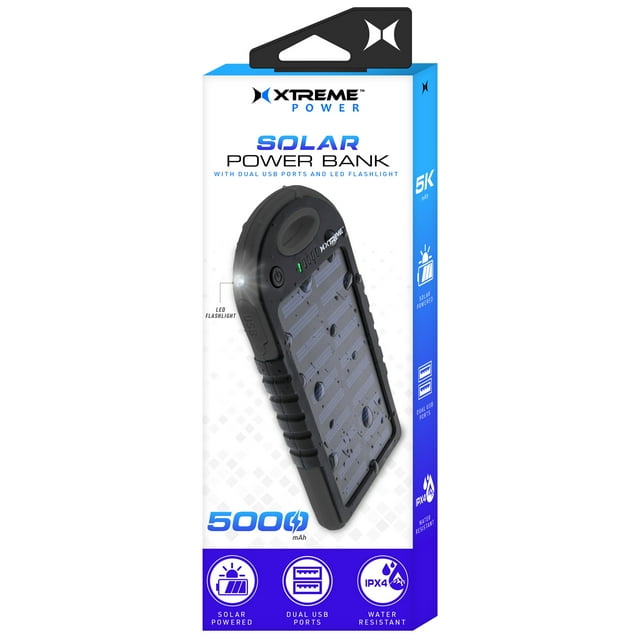 Xtreme 5000mAH External Black Solar Panel Battery Bank, Weatherproof ...