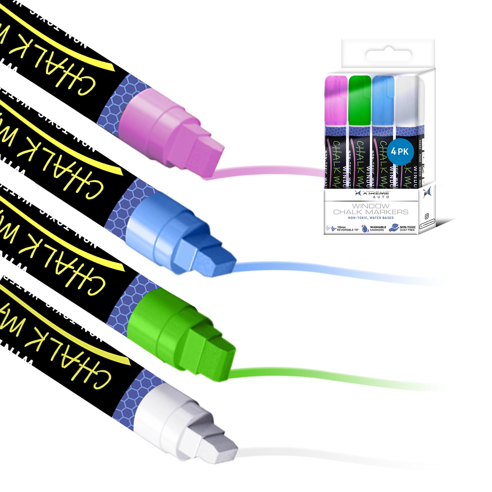 Xtreme Auto 4 Pack Window Chalk Markers – Non-Toxic, Water-Based ...