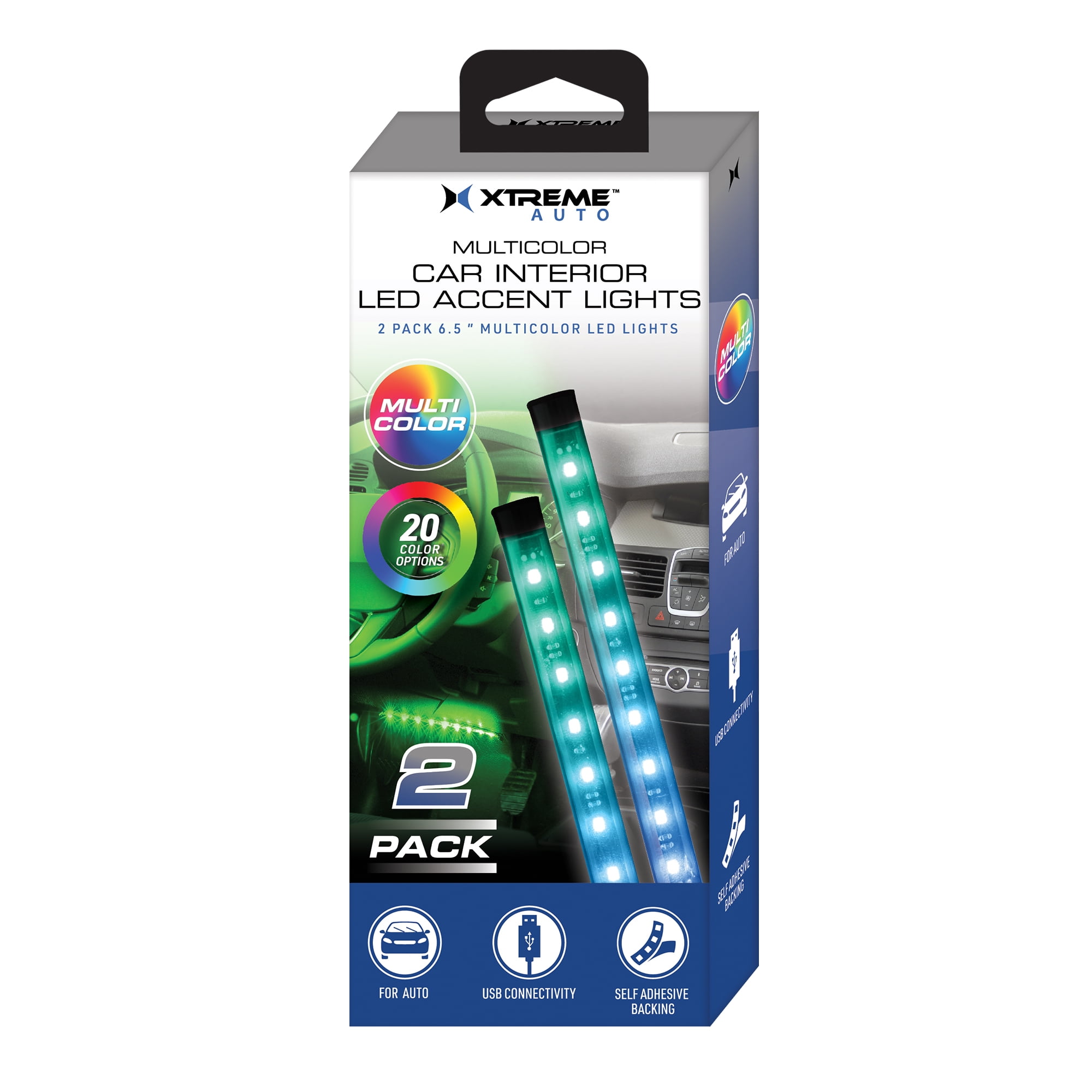 Xtreme Auto Multicolor Car Interior LED Accent Lights, Customizable, USB-Powered, 2-Pack ...