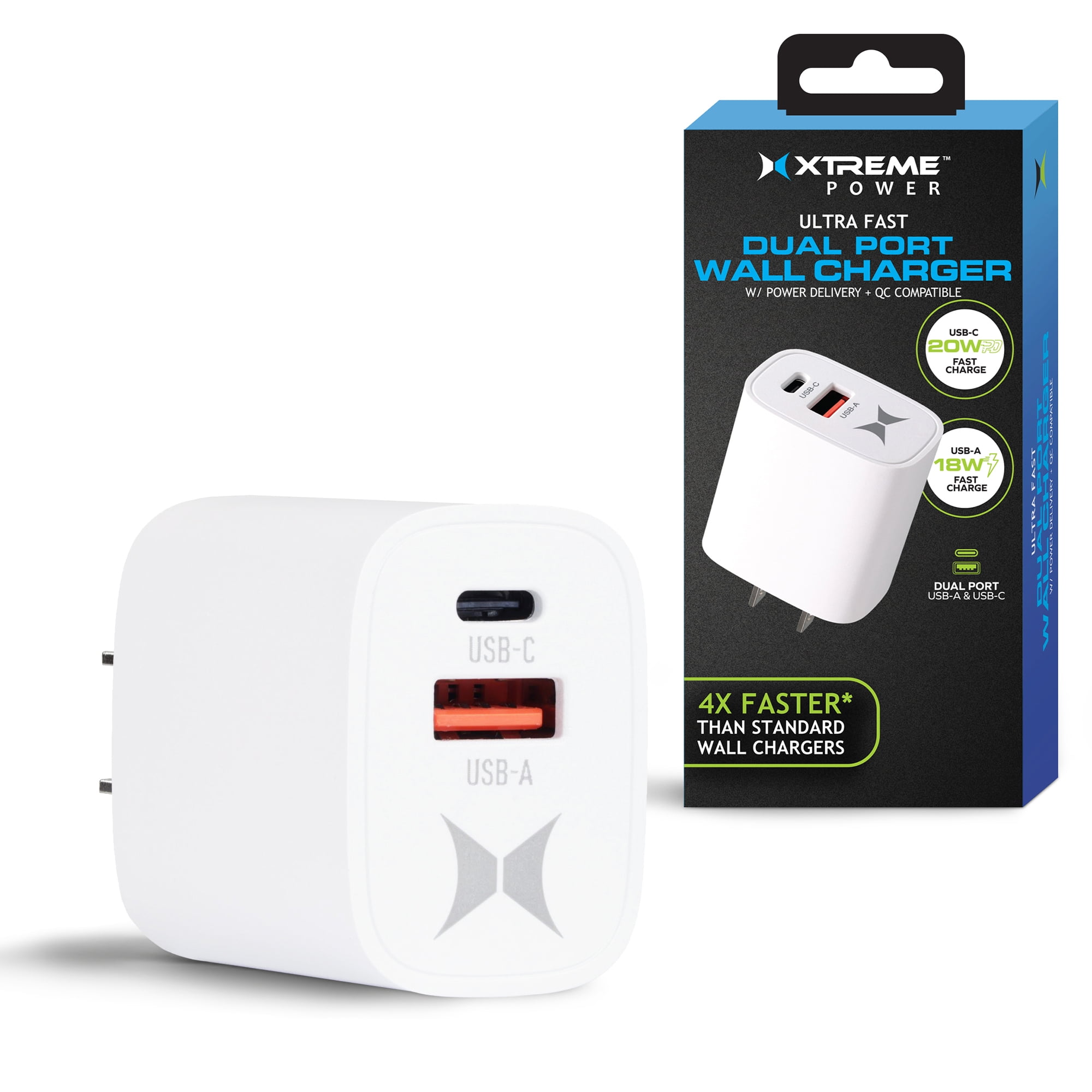 Xtreme Dual Port Quick Charging Wall Charger, 20W USB-C & 18W USB-A ...