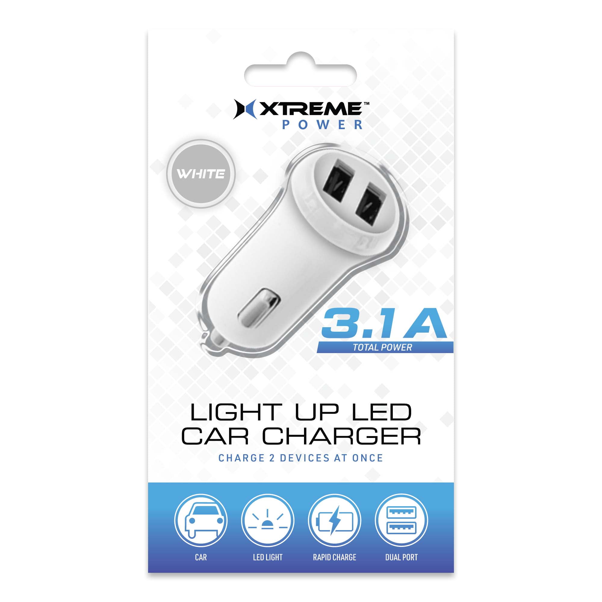 Xtreme Dual Port USB LED White Light Car Charger, 3.1 Amps, Repower ...