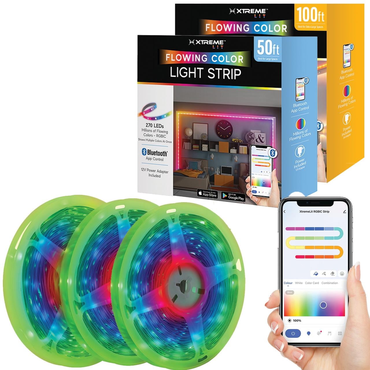 Xtreme Lit 150ft Bluetooth LED Light Strips, Flowing Color Effect, App ...