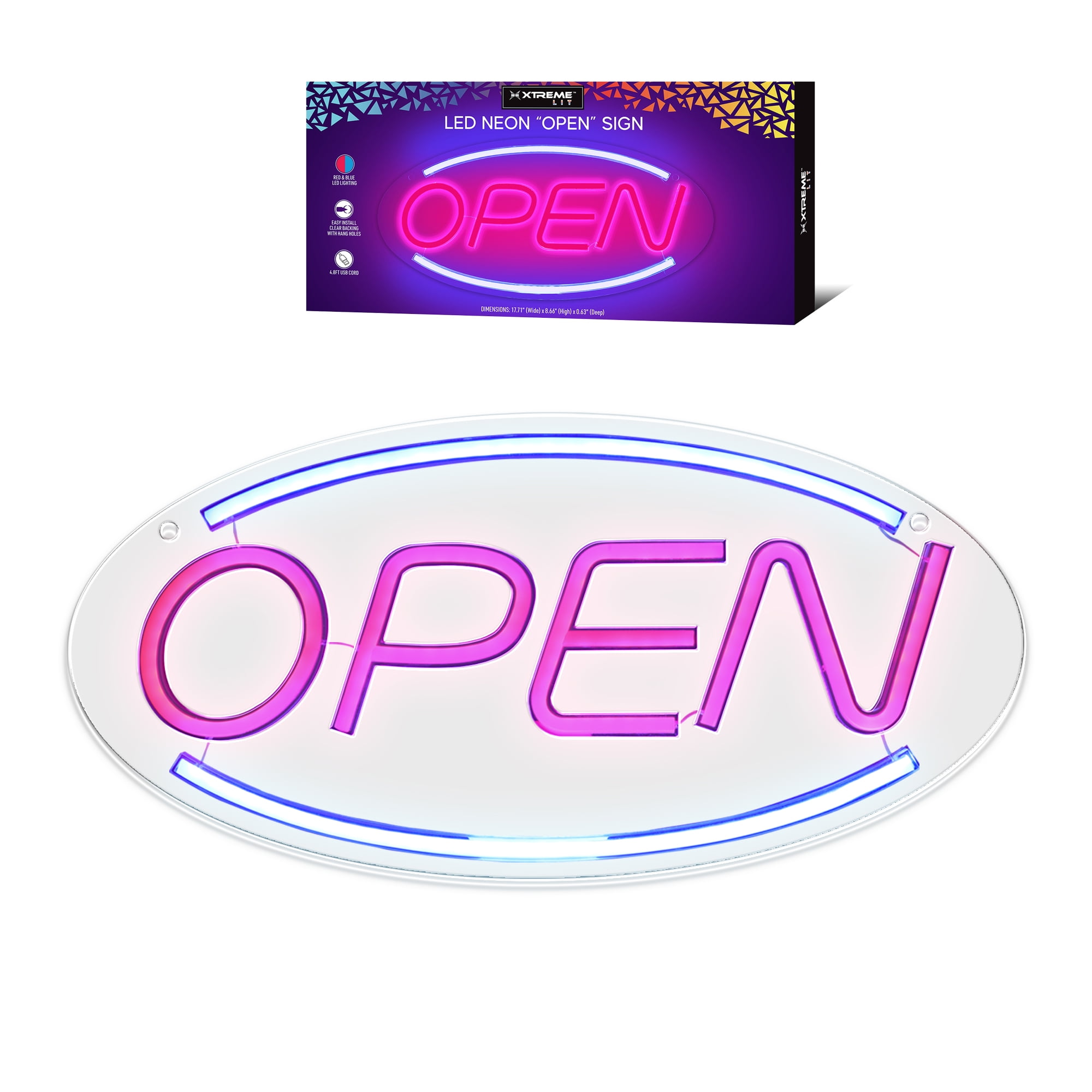 Xtreme Lit LED Neon "OPEN" Sign – Red & Blue Lights, USB Powered, Clear ...