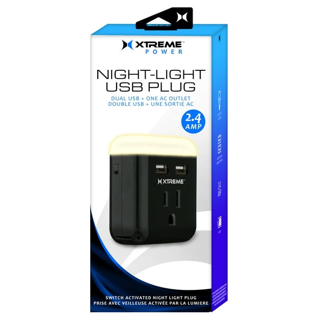 Xtreme Night Light Plug w/2 USB + 1 AC Outlets (Black) - Walmart.com