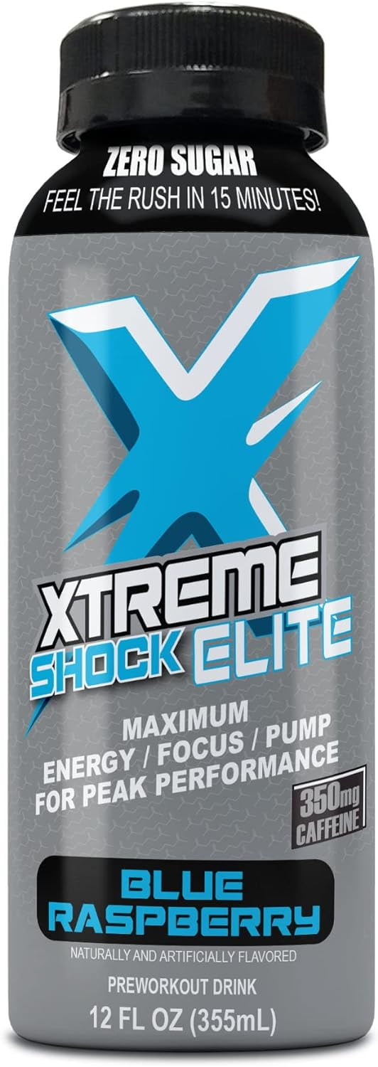 Xtreme Shock Elite RTD Pre-Workout Energy Drink, Blue Raspberry, 12 fl ...
