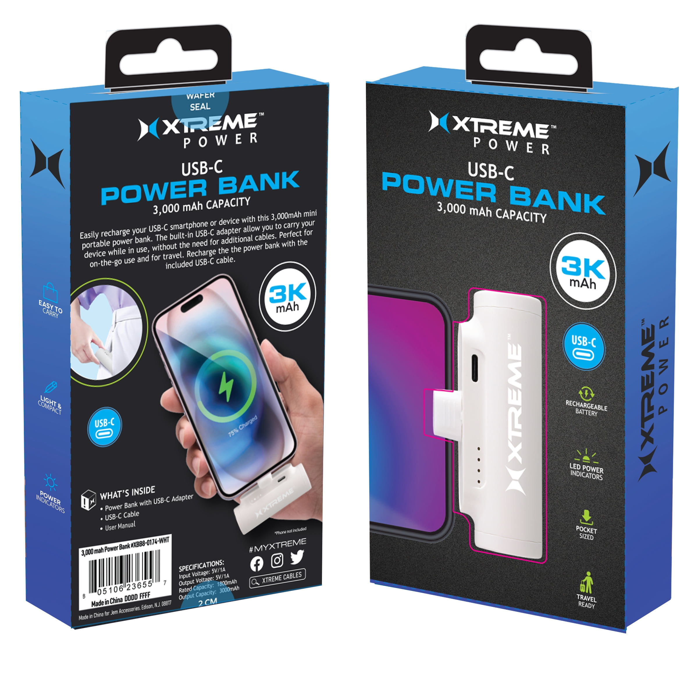 Xtreme USB-C Portable Power Bank, 3,000mAh Capacity, Rechargeable ...