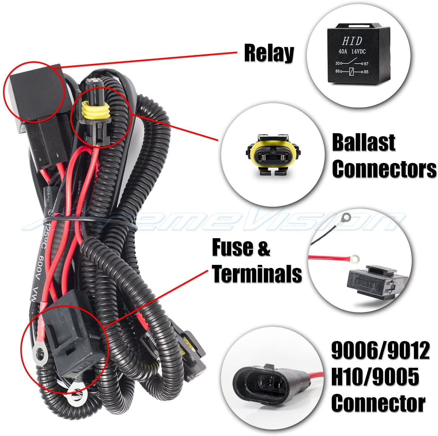 XtremeVision 9006/9012 / H10 / 9005 HID Battery Wiring Relay Harness 12V 40 AMP 35W/55W for HID ...