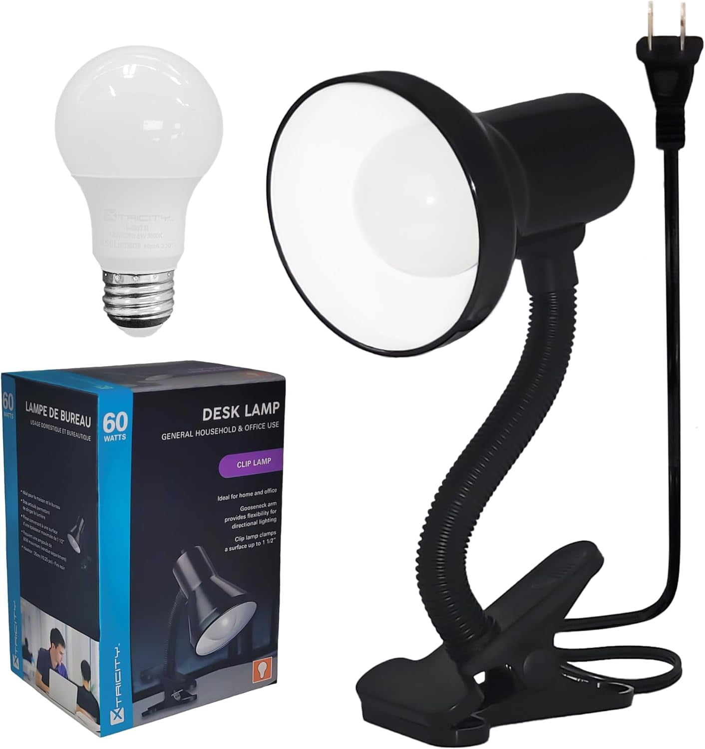 Xtricity Clip-On Desk Lamp, 6W LED Bulb, Gooseneck, Clamp Base, 120V ...
