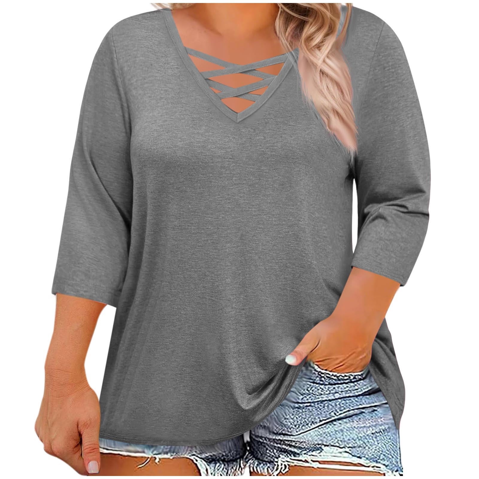 XuJwPNcy Plus Size Tops for Women 3/4 Length Sleeve Trendy T-Shirts ...