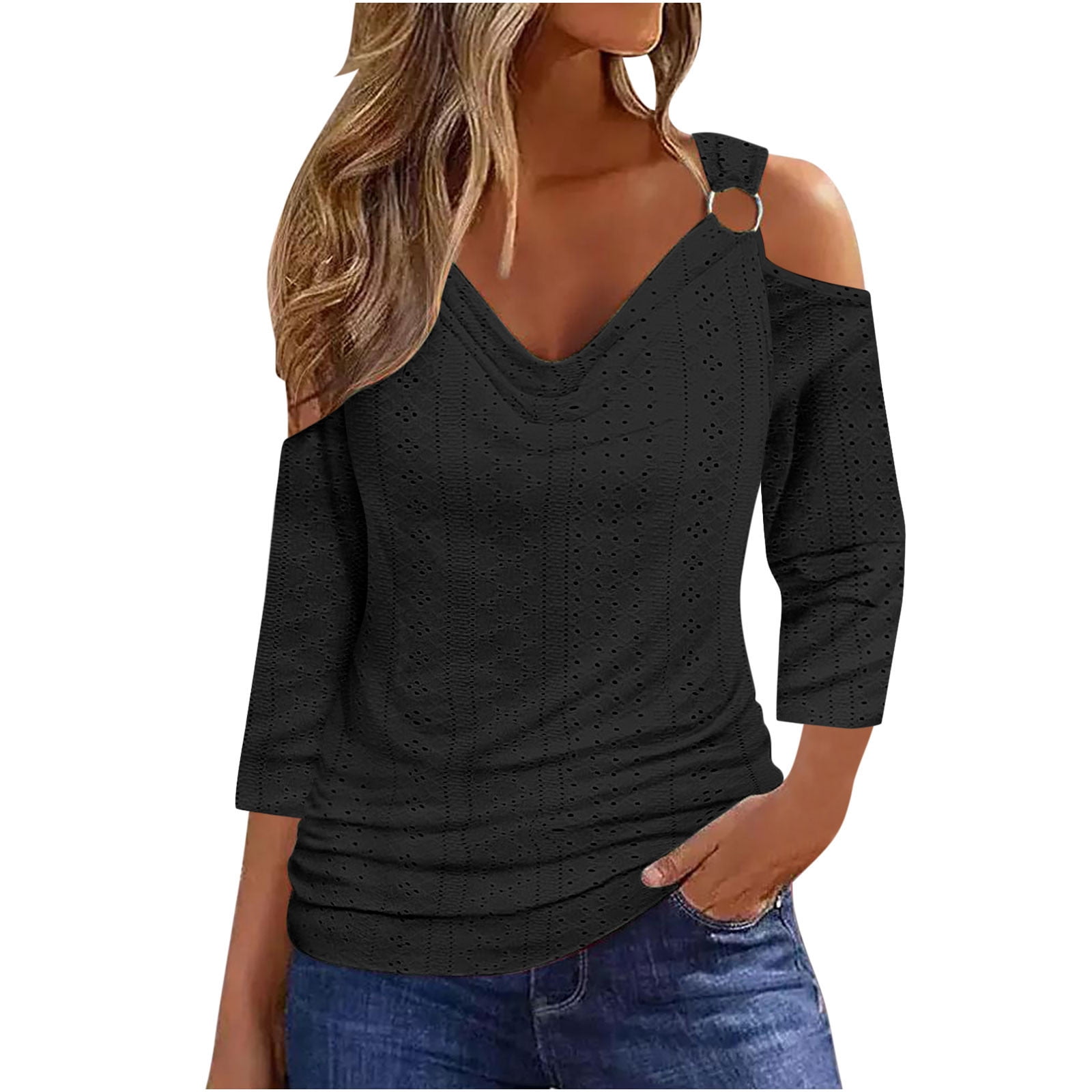 XuJwPNcy Women Cold Shoulder Tops Eyelet Embroidery 3/4 Sleeve Shirt V ...