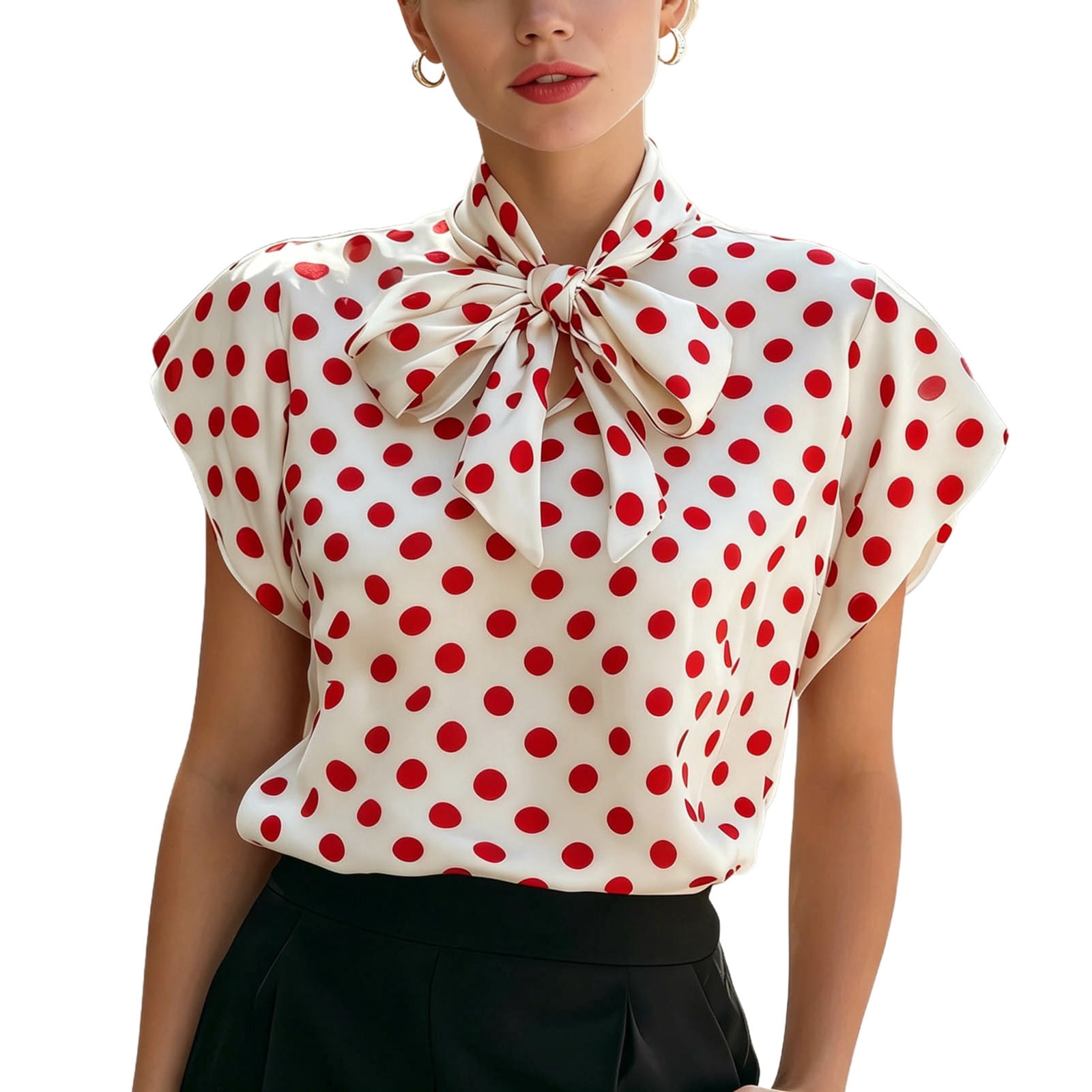 XuJwPNcy Womens Tops Elegant Bow Tie Front Cap Sleeve T Shirts Polka ...