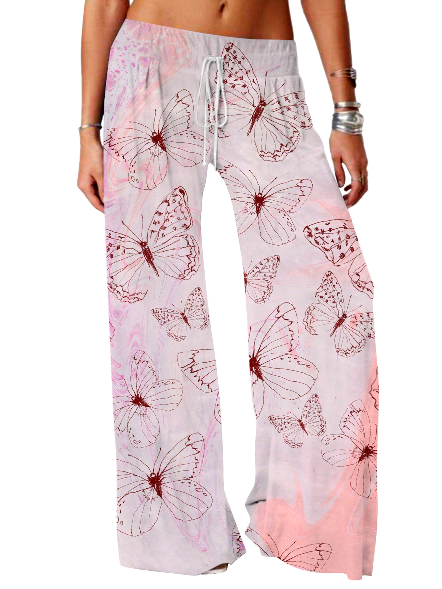 Xuanfei Women Daisy Butterfly Graphic Drawstring Tie Waist Wide Leg ...