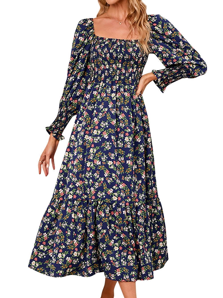 Xuanfei Women Floral Print Square Neck Smocked Bodice Long Lantern ...