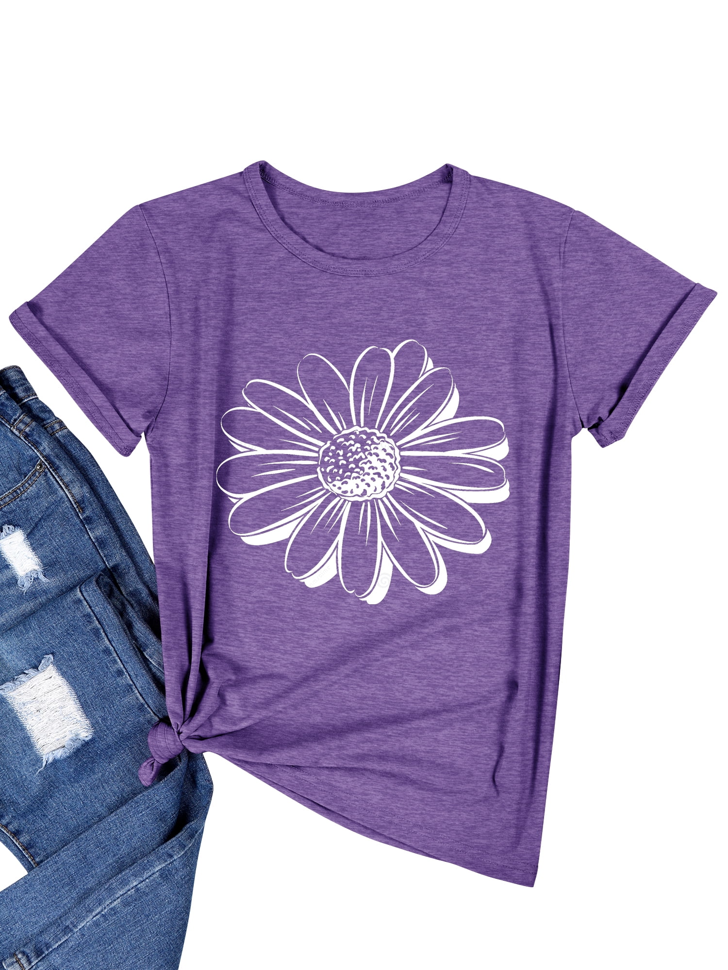 Xuanfei Women's Cotton Blend Flower Print Crew Neck Short Sleeve ...