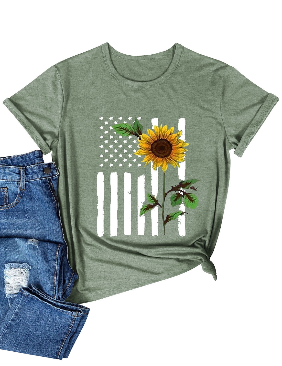 Xuanfei Women Independence Day Sunflower Print Crew Neck Short Sleeve ...