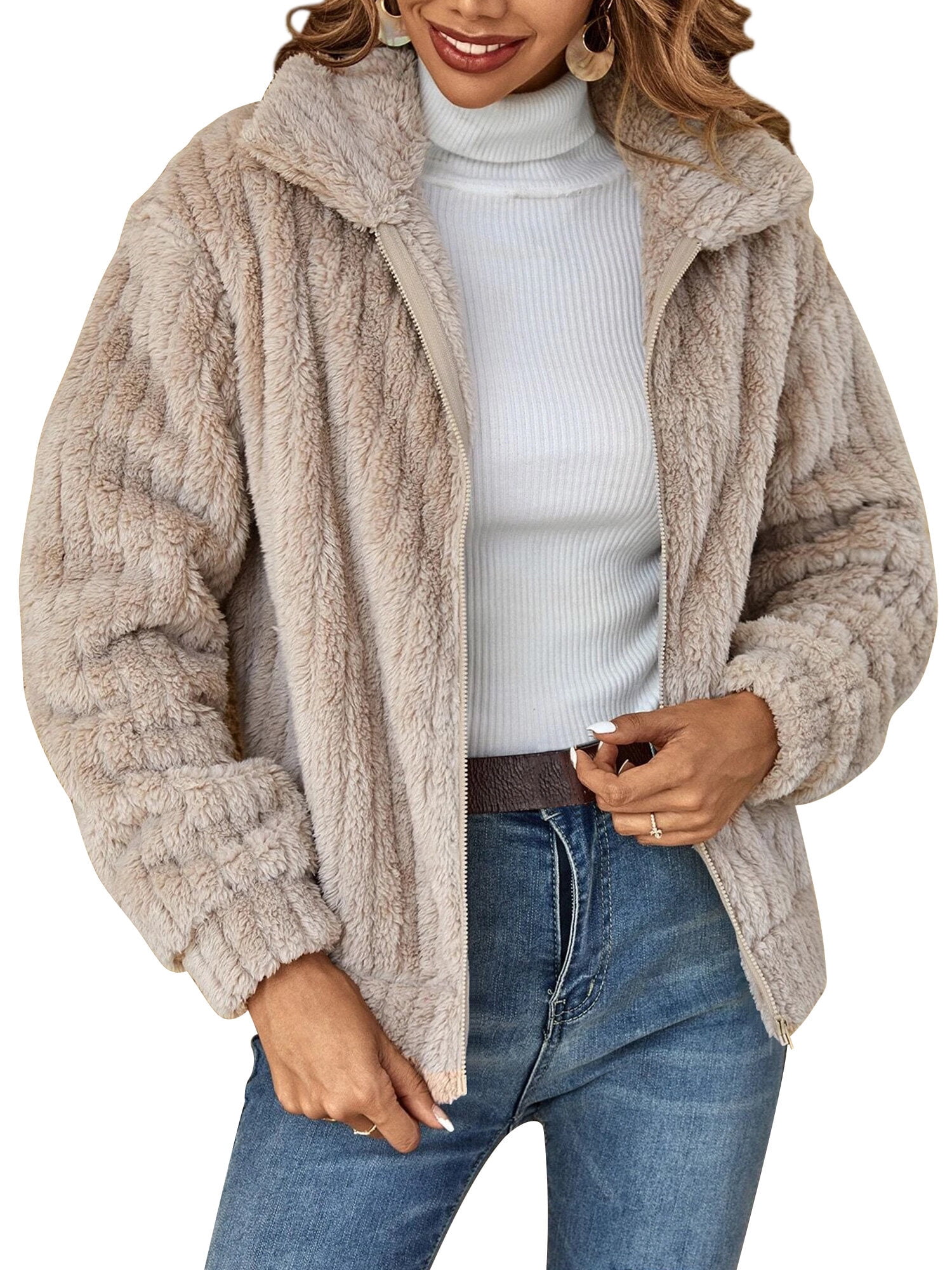 Xuanfei Women Lapel Full Zipper Furry Ribbed Long Sleeve Fleece Jacket ...