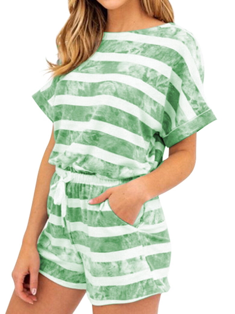 Xuanfei Women Round Neck Stripe Tie-Dyed Short Sleeve Pocket Short ... Xuanfei Women Round Neck Stripe Tie-Dyed Short Sleeve Pocket Short ...