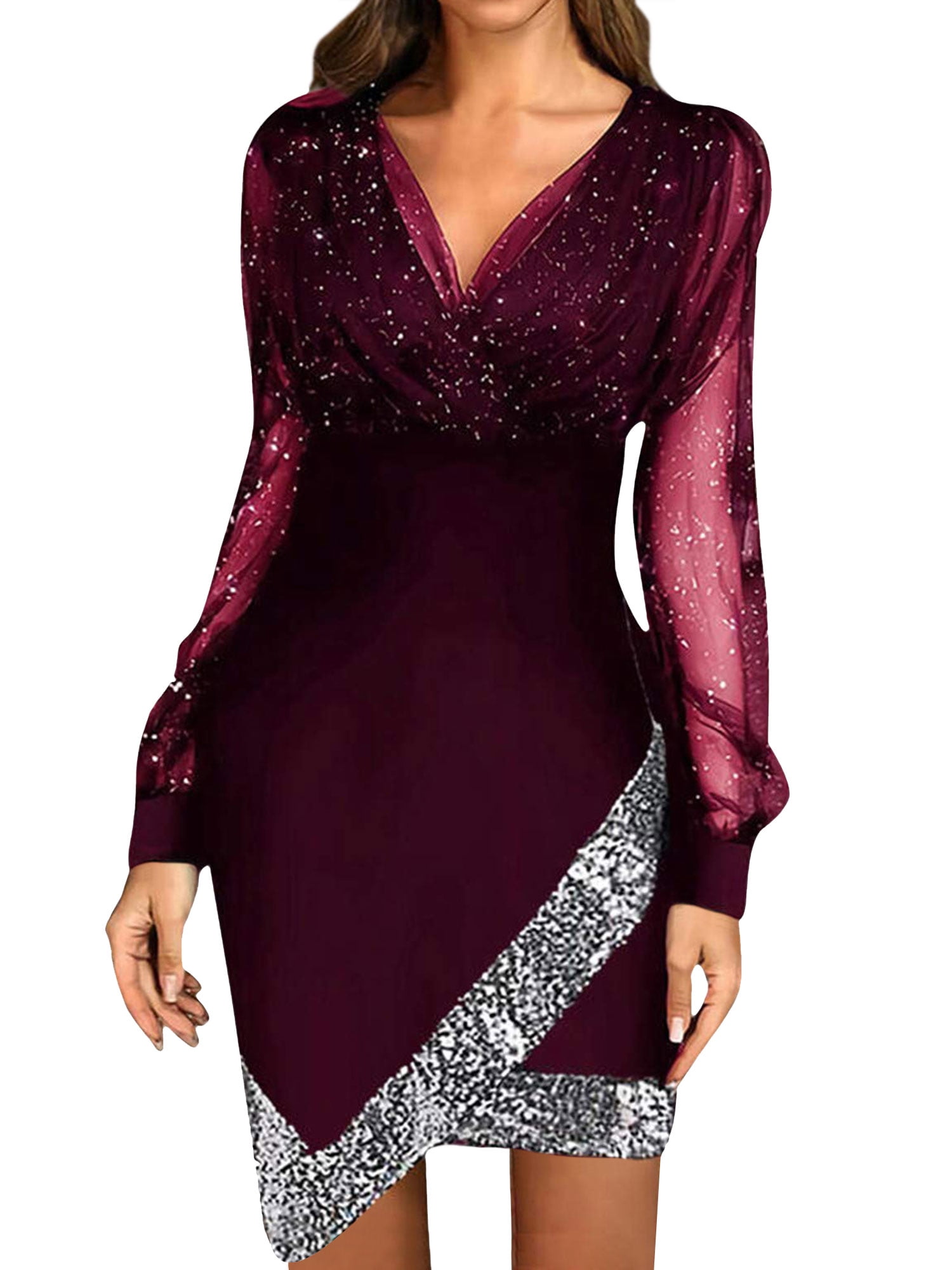 Xuanfei Women Sequin Mesh V Neck Long Sleeve Mini Dress - Walmart.com Xuanfei Women Sequin Mesh V Neck Long Sleeve Mini Dress - Walmart.com