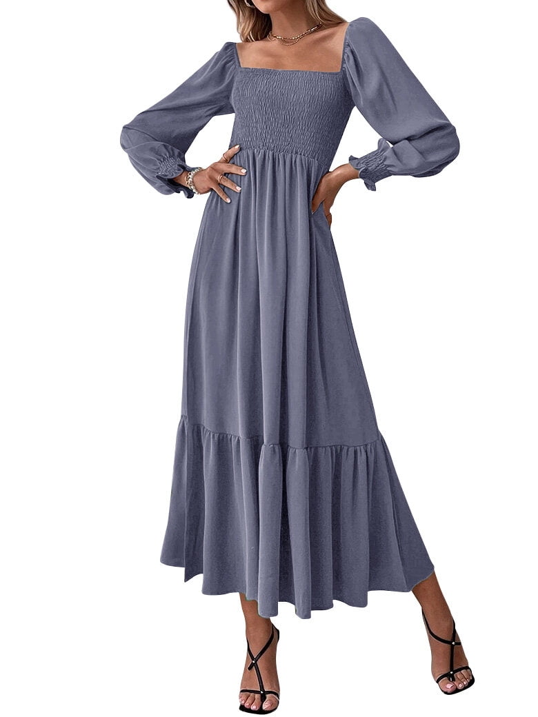 Xuanfei Women Square Neck Smocked Long Sleeve Tiered Maxi Dress ...
