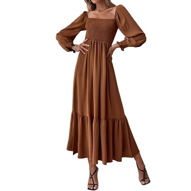 Xuanfei Women Square Neck Smocked Long Sleeve Tiered Maxi Dress ...