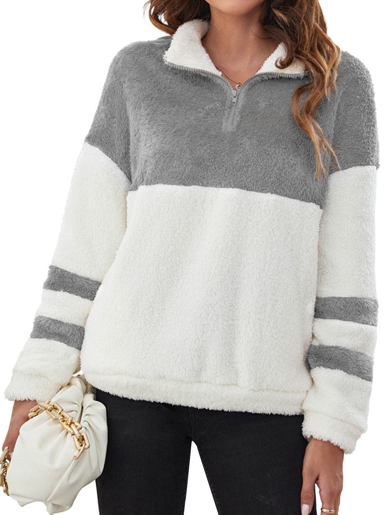 Xuanfei Women Stand Collar Contrast Color Patchwork Zip Neck Long ...