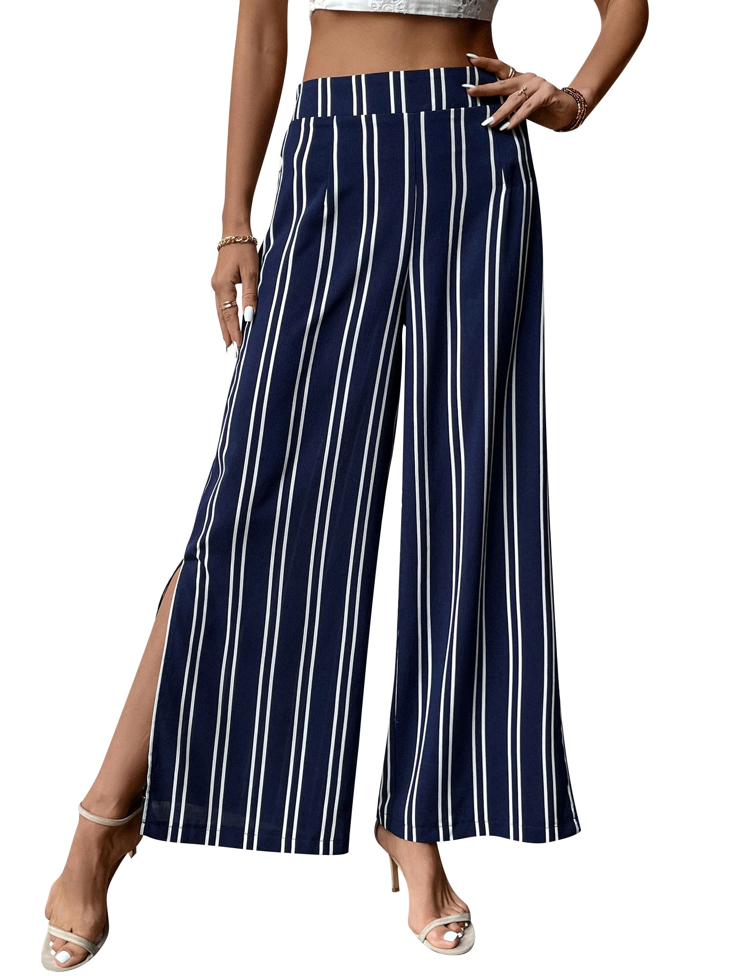 Xuanfei Women Stripes High Waist Wide Leg Side Buttons Split Long Pants ...