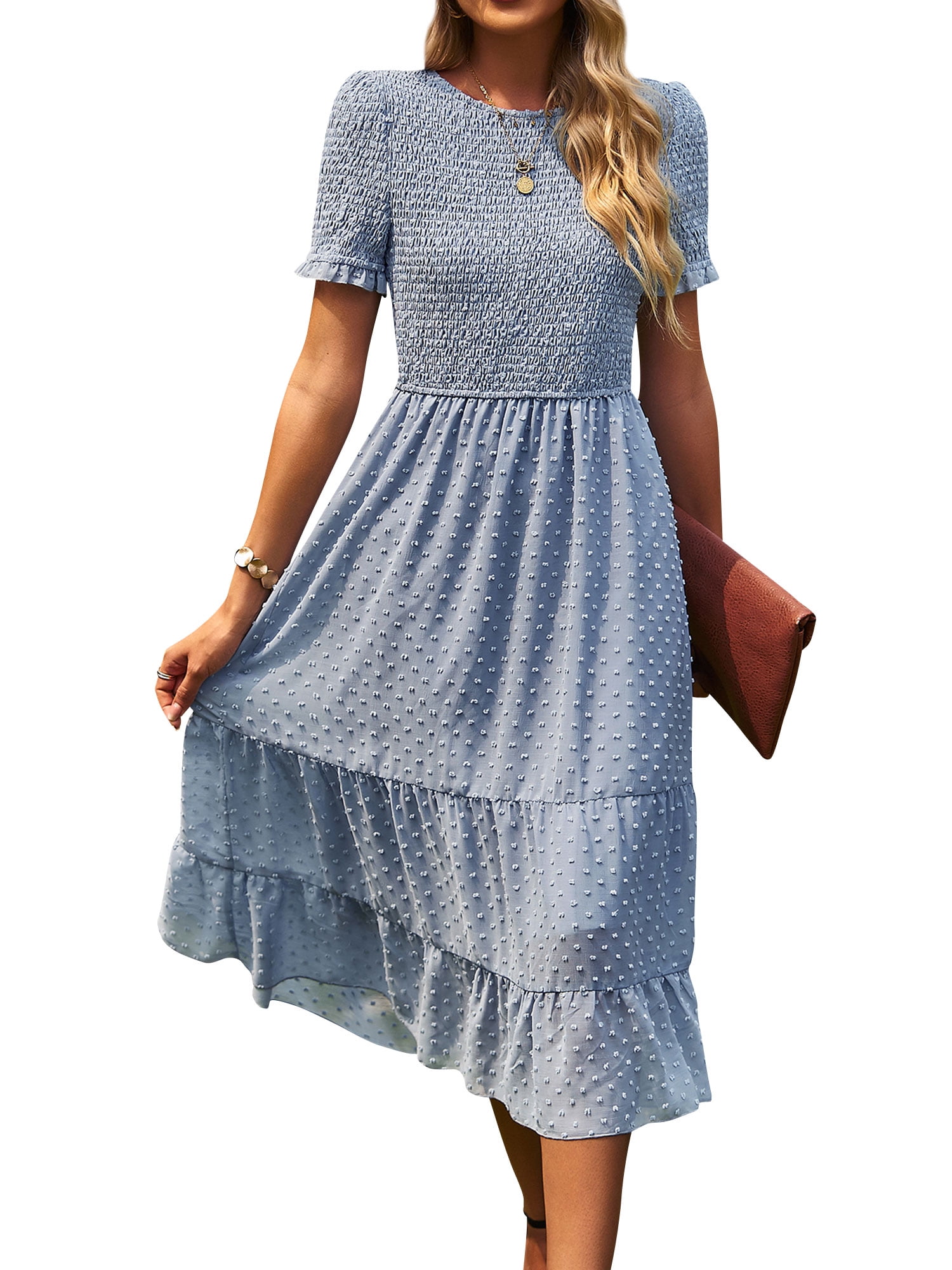 Xuanfei Women Swiss Dot Short Sleeve Crew Neck Smocked Ruffle Tiered ...