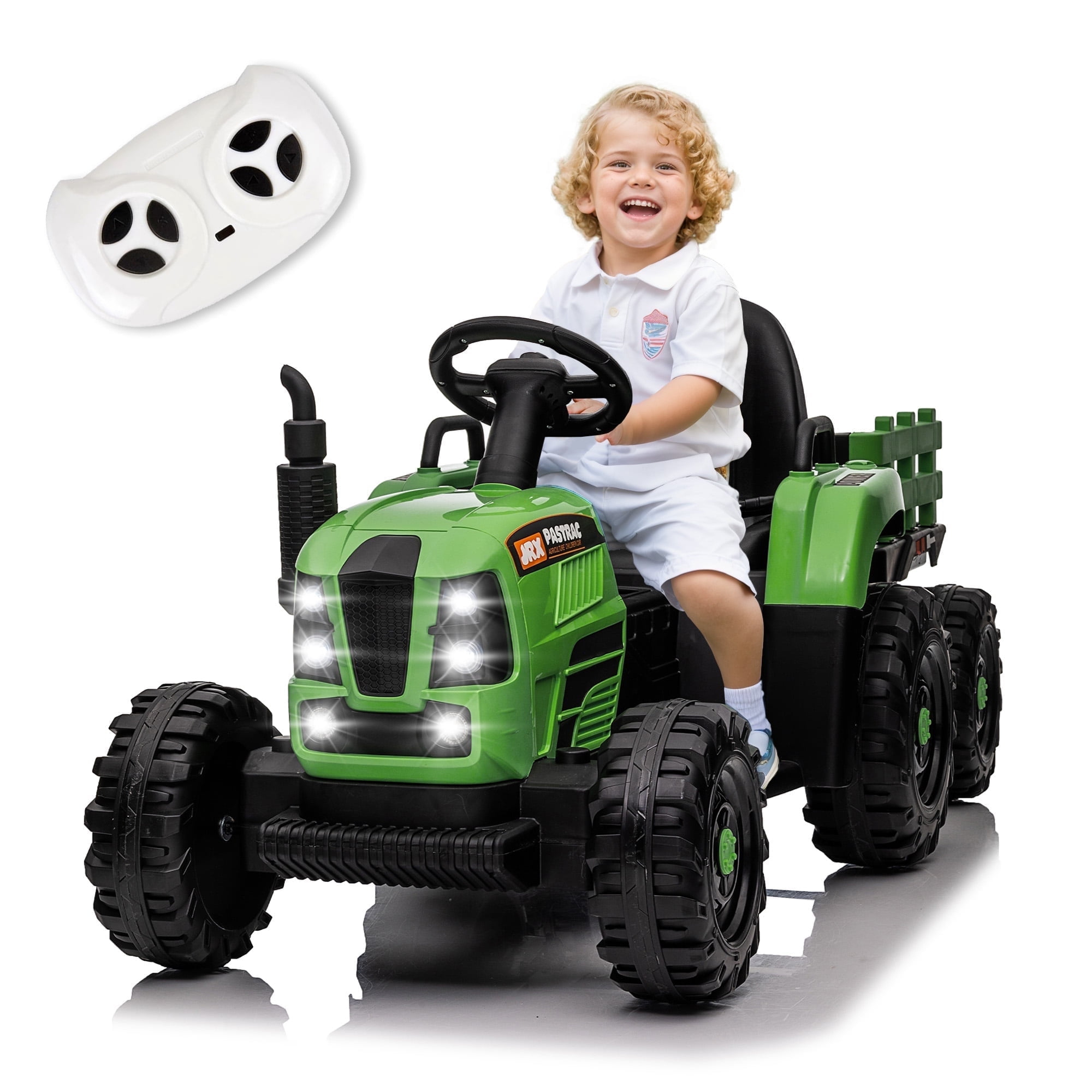 12V Battery-Powered Kids Ride on Tractor with Trailer, LED Lights ...